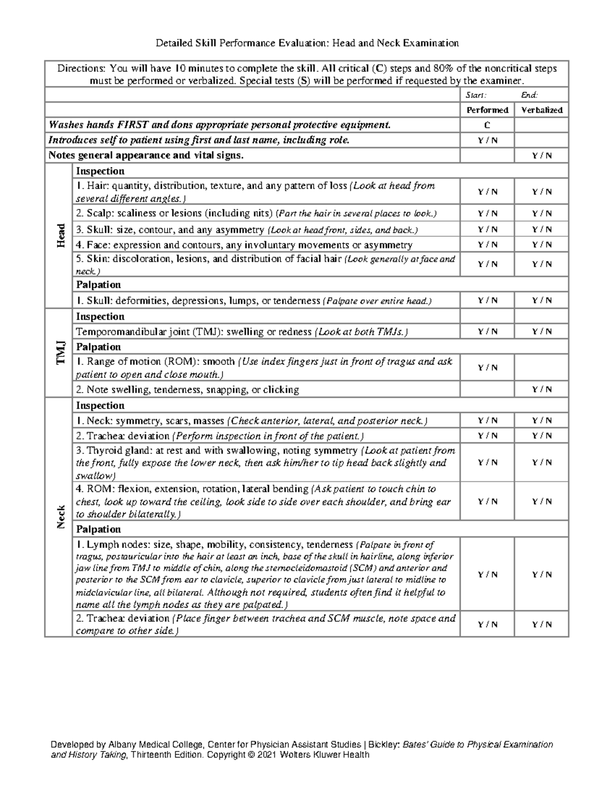 Head And Neck Examination Detailed Skill Performance Evaluation Detailed Skill Performance