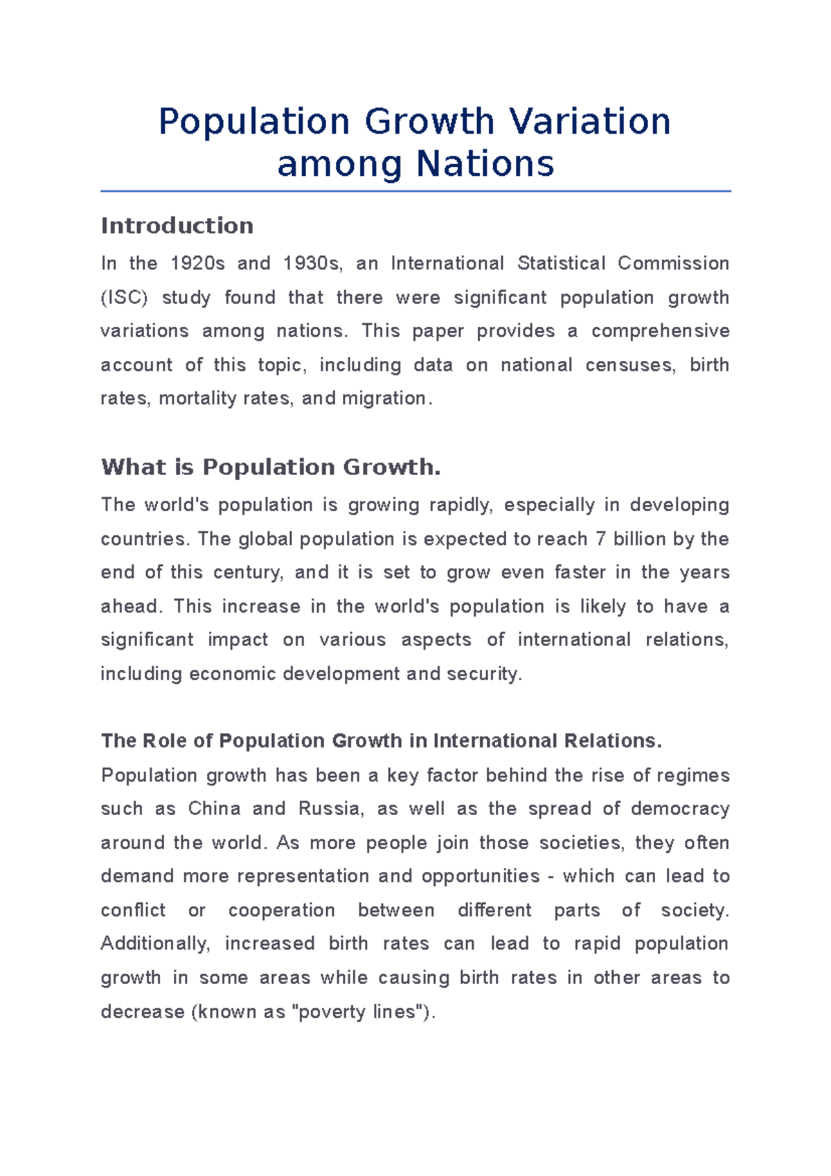Population Growth Variation Among Nations Population Growth Variation