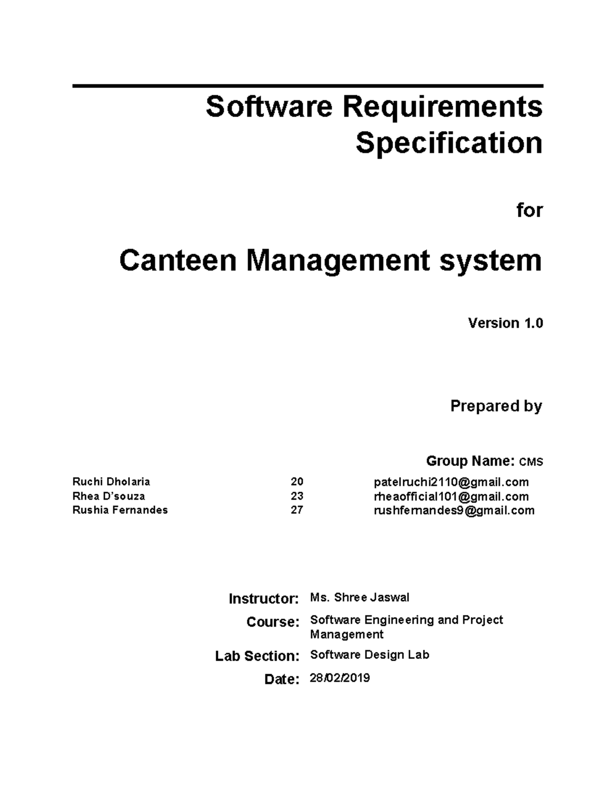 Pdfcoffee - srs - Software Requirements Specification for Canteen Management system Version 1 ...