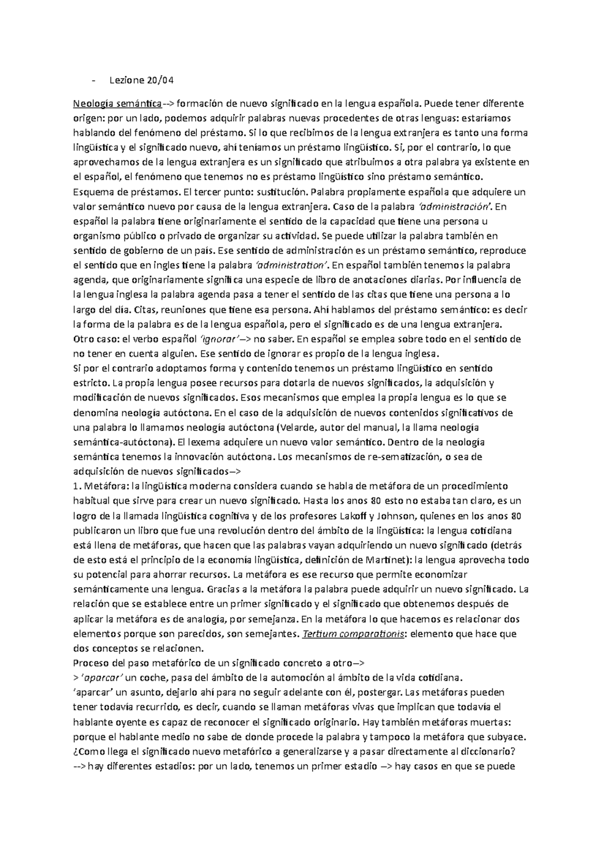 Documento 106 - appunti lezione Lengua espanola 3 - Lezione 20 ...
