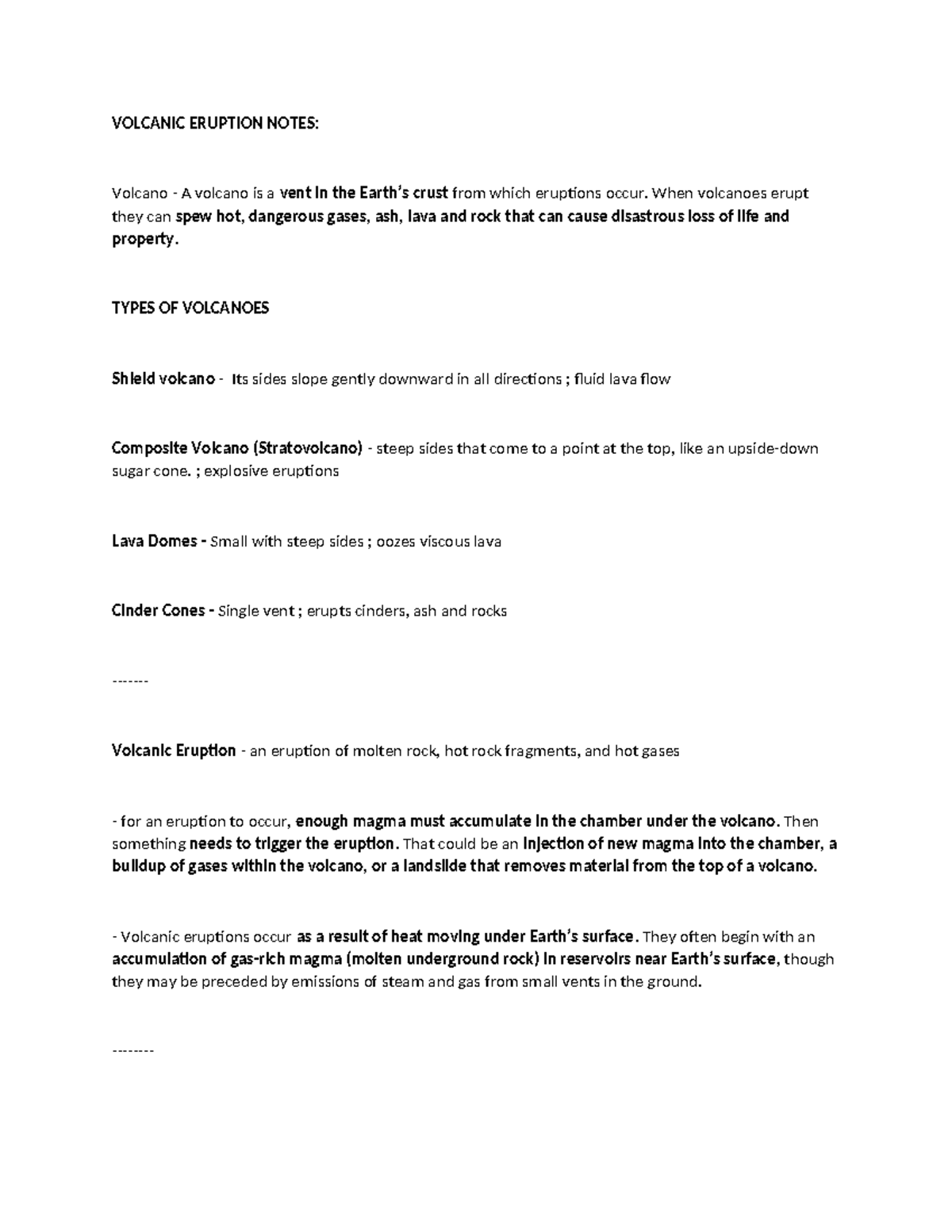 Volcanic Eruption Notes DOC - VOLCANIC ERUPTION NOTES: Volcano - A ...