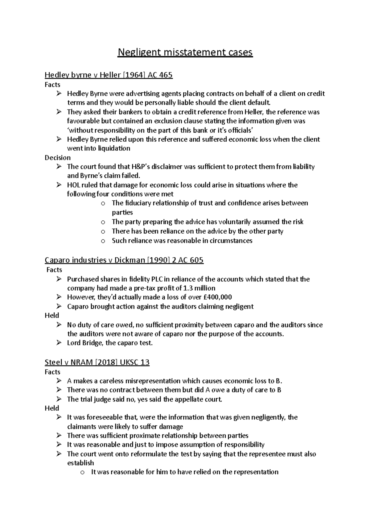Negligent misstatement cases - They asked their bankers to obtain a ...