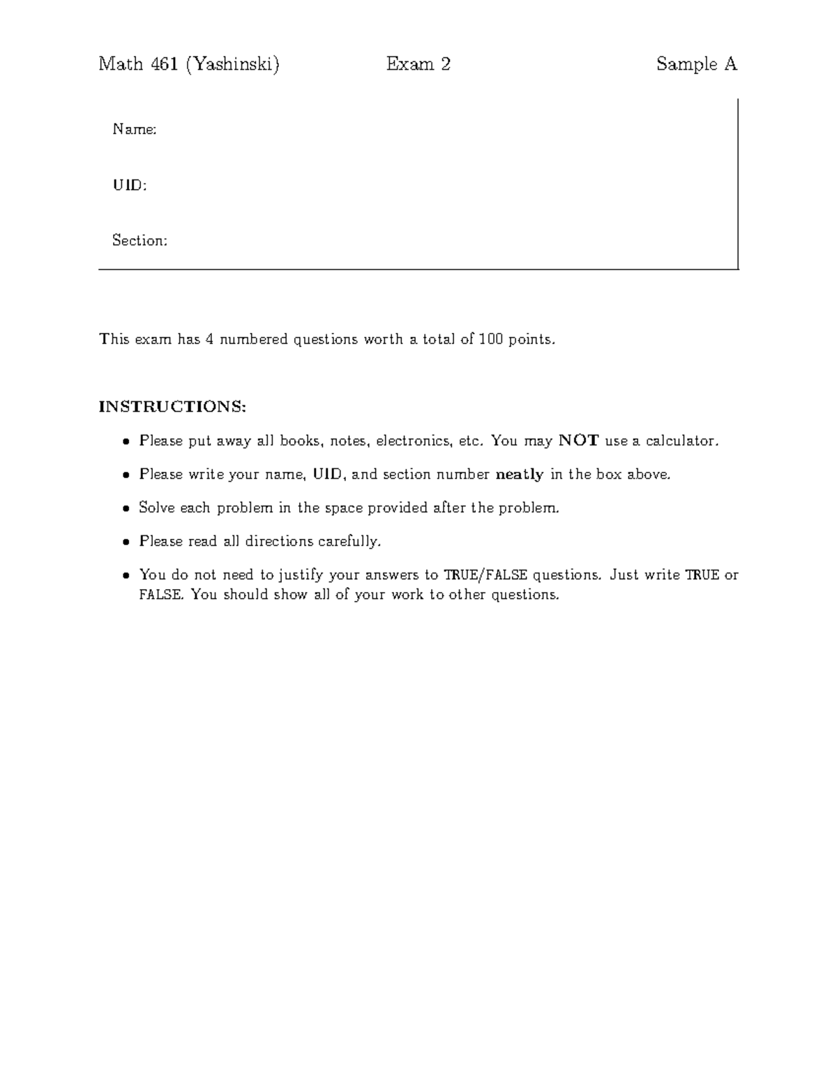 Sample Exam 2A - Math 461 (Yashinski) Exam 2 Sample A Name: UID ...