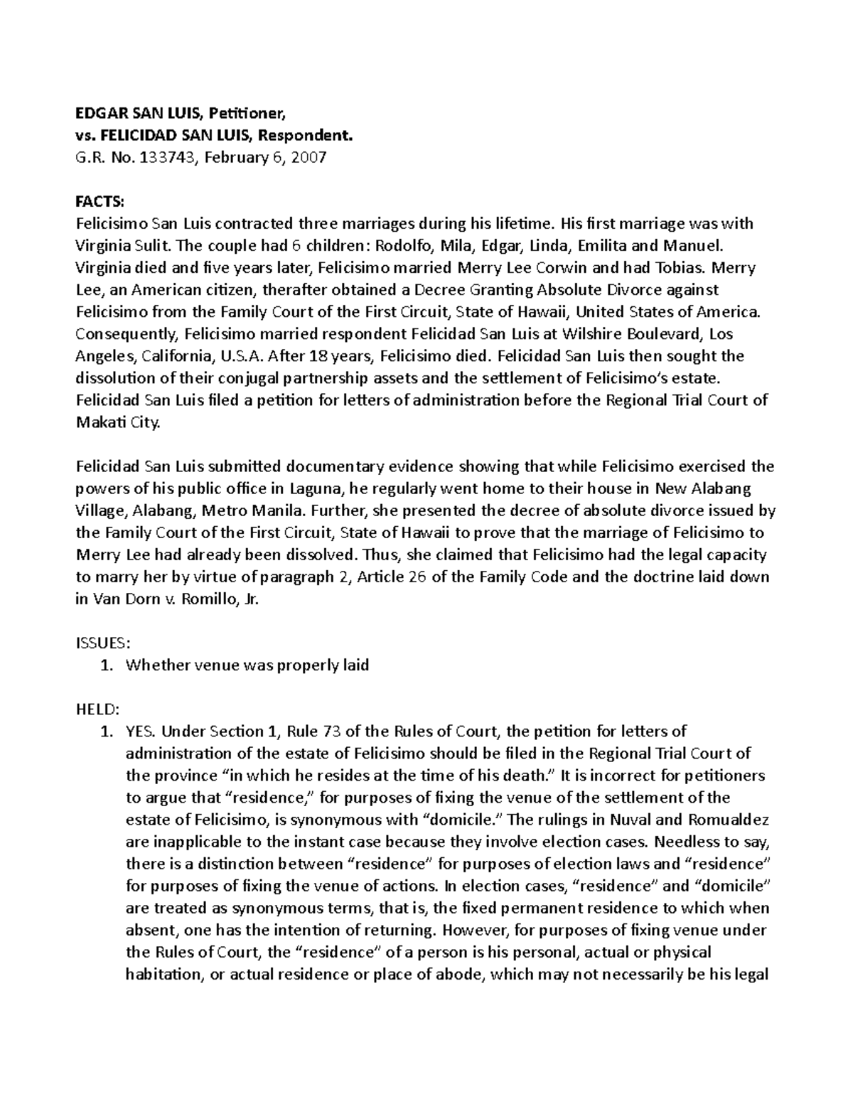 17. San Luis v San Luis- Case Digest - EDGAR SAN LUIS, Petitioner, vs ...