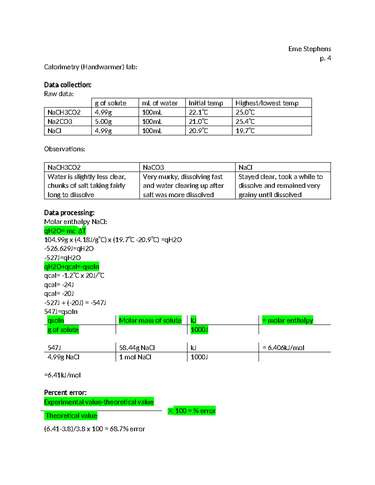 Calorimetry lab - Eme Stephens p. 4 Calorimetry (Handwarmer) lab: Data ...