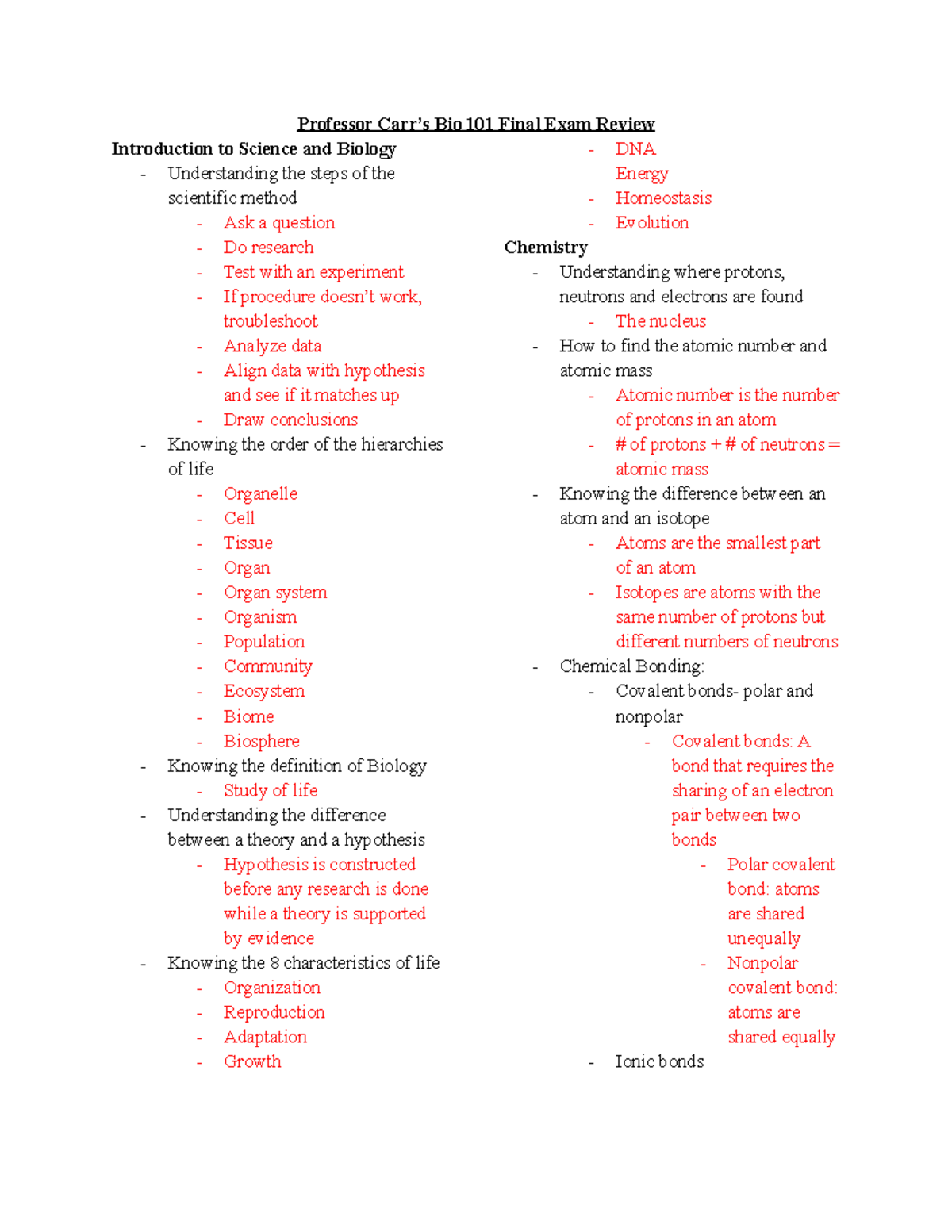 Copy of Professor Carr Final Exam Review - Professor Carr’s Bio 101 ...