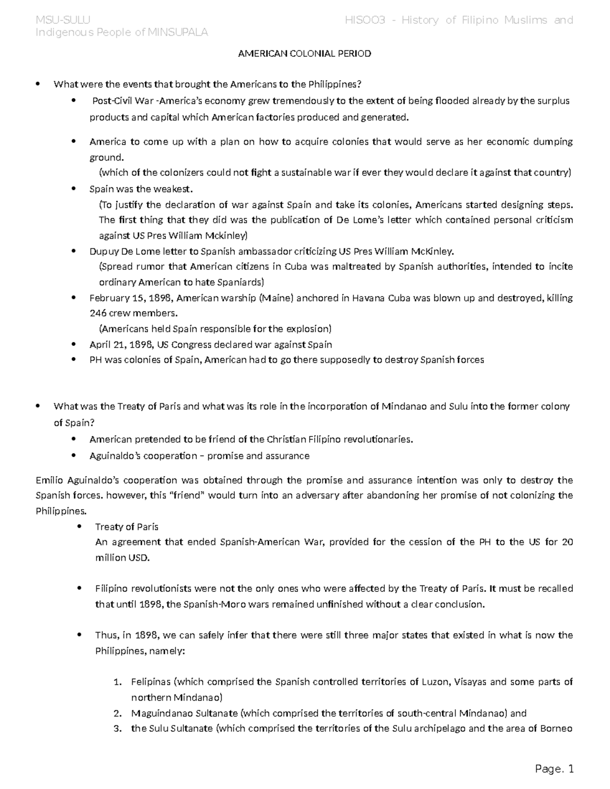 # Lecture Notes American Colonial Period - Indigenous People of ...