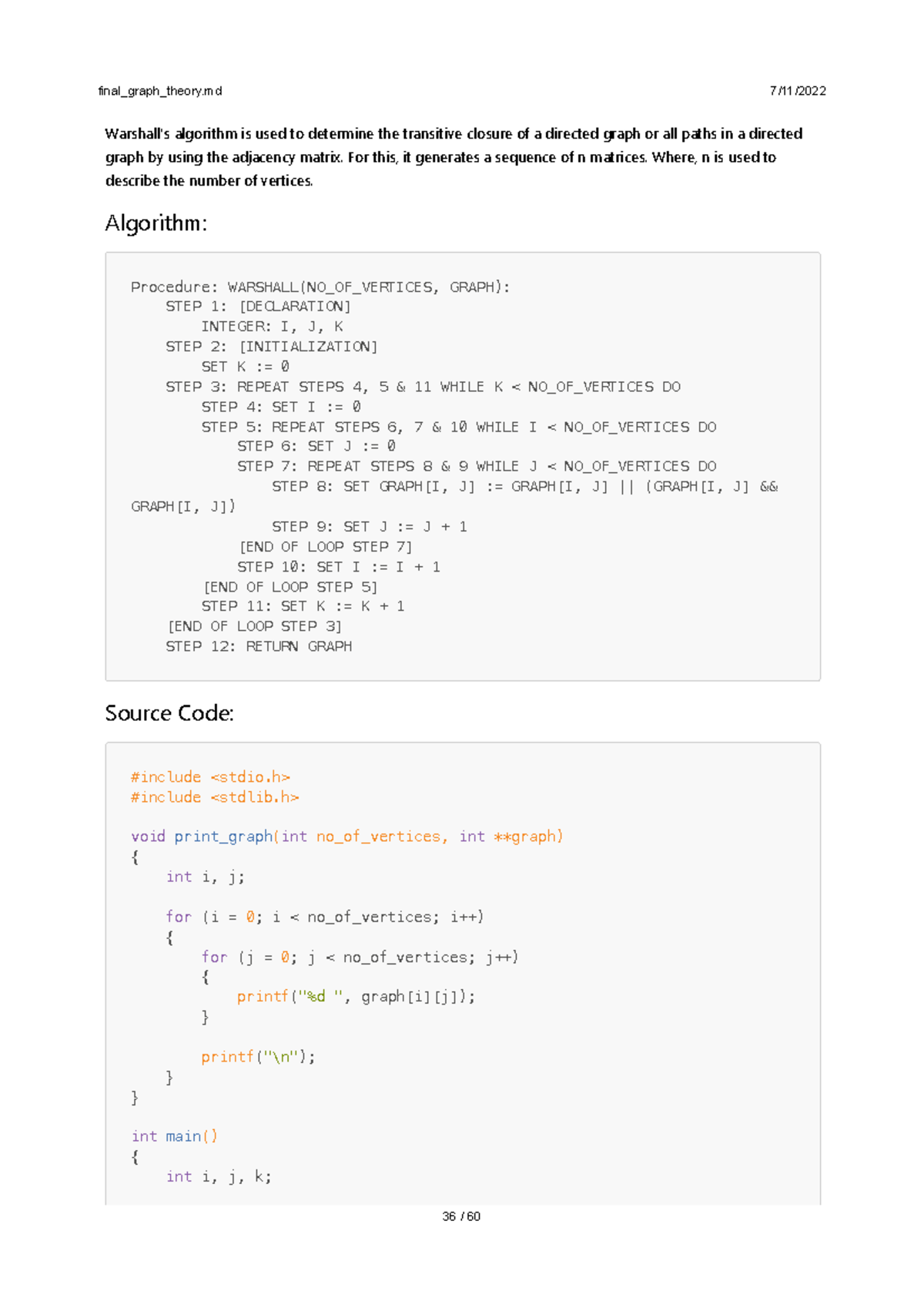 Graph Theory Codes Set 3 - Warshall's algorithm is used to determine ...