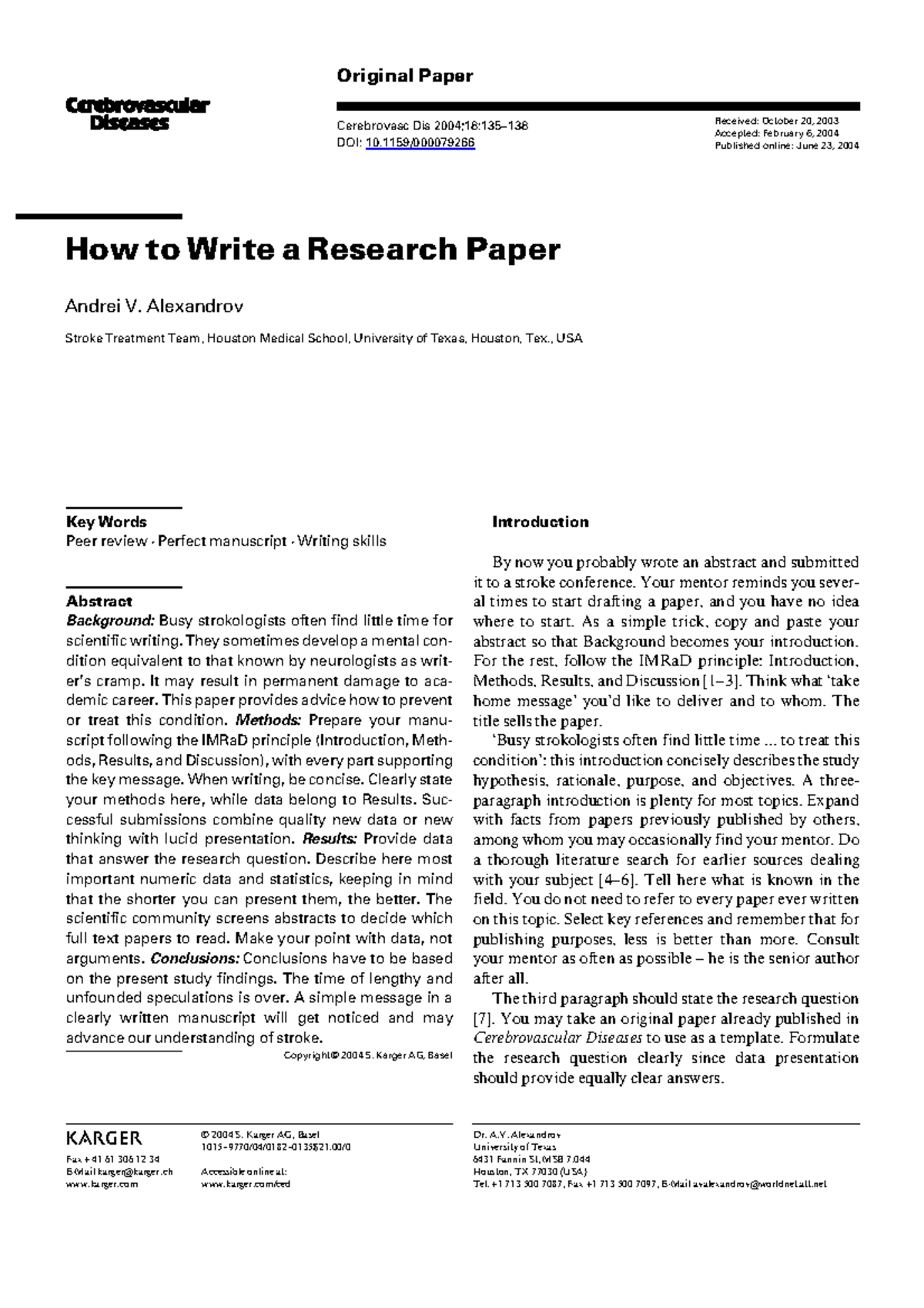 How to Write a Research Paper - Original Paper Cerebrovasc Dis 2004;18: ...