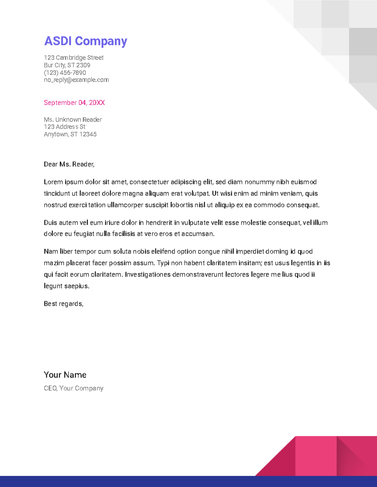 Example Business Letter - ASDI Company 123 Cambridge Street Bur City ...