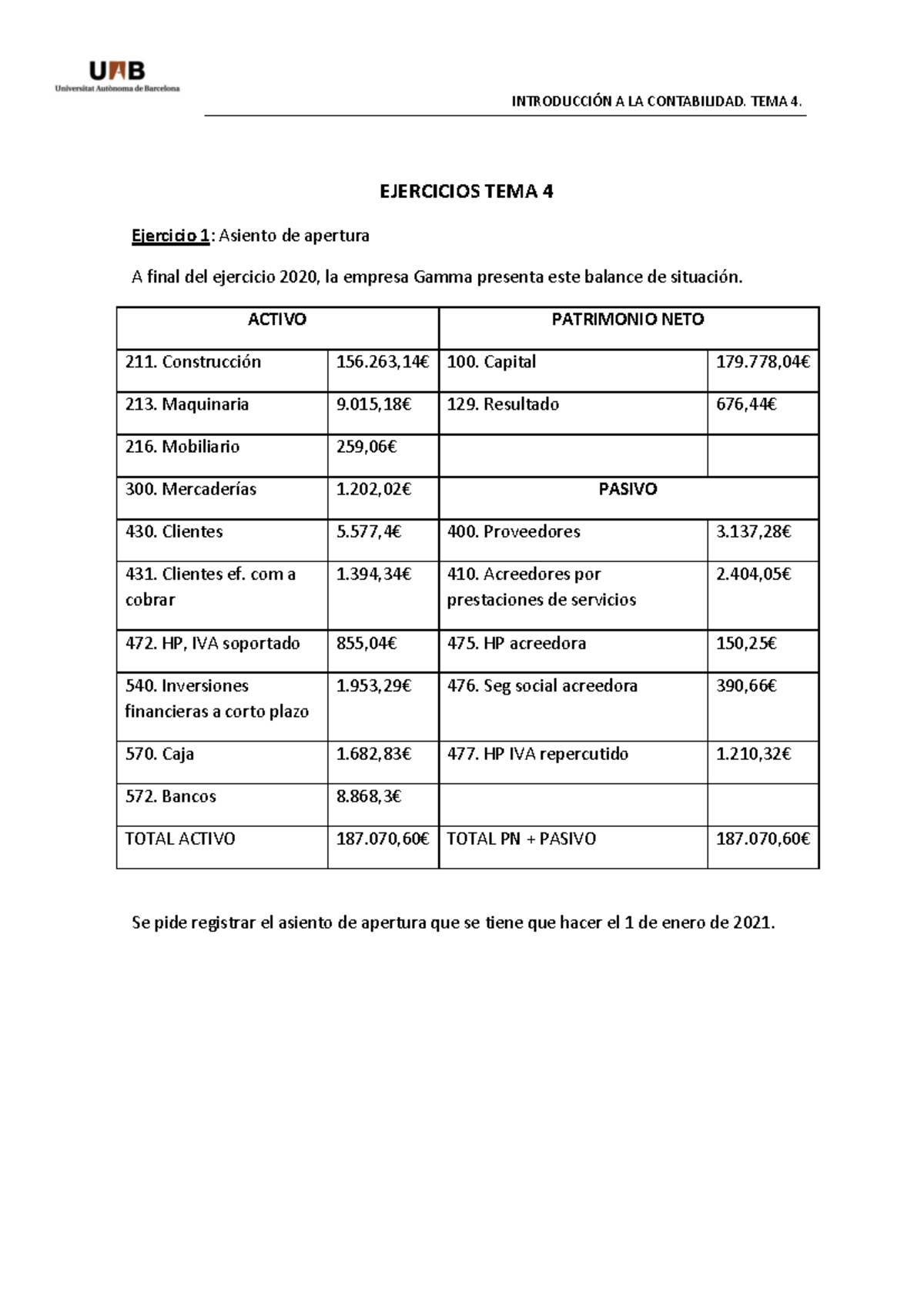 Ejercicios Tema 4 - EJERCICIOS TEMA 4 Ejercicio 1: Asiento de apertura A final del ejercicio ...