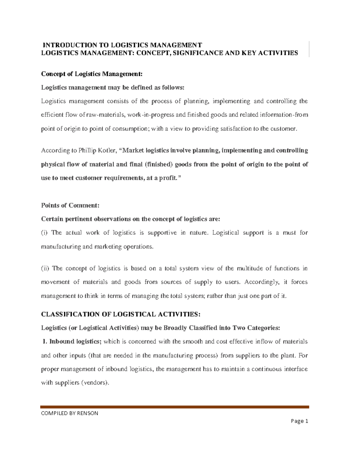 1.0 Introduction TO Logistics Management - COMPILED BY RENSON ...