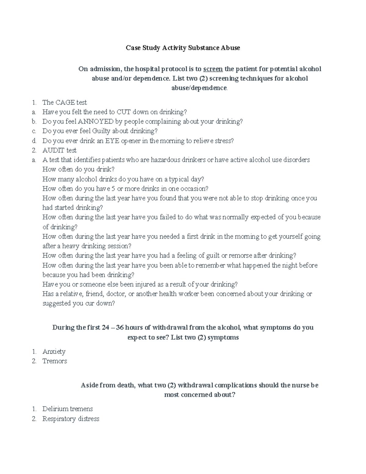 Nur 356 Case Study Substance Abuse - Case Study Activity Substance ...