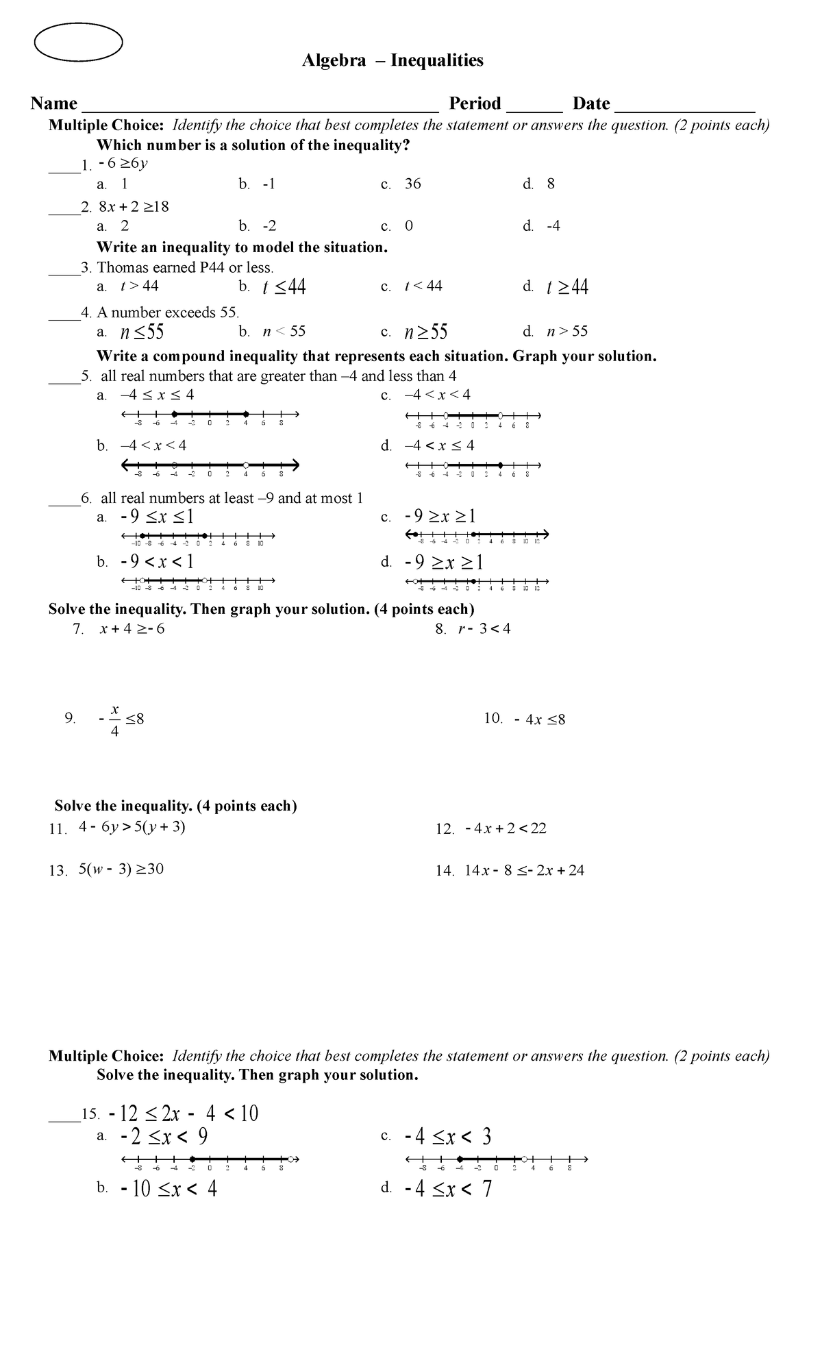 I Nequalities - gsjwvejegeuwjwnsks - Algebra – Inequalities Name - Studocu