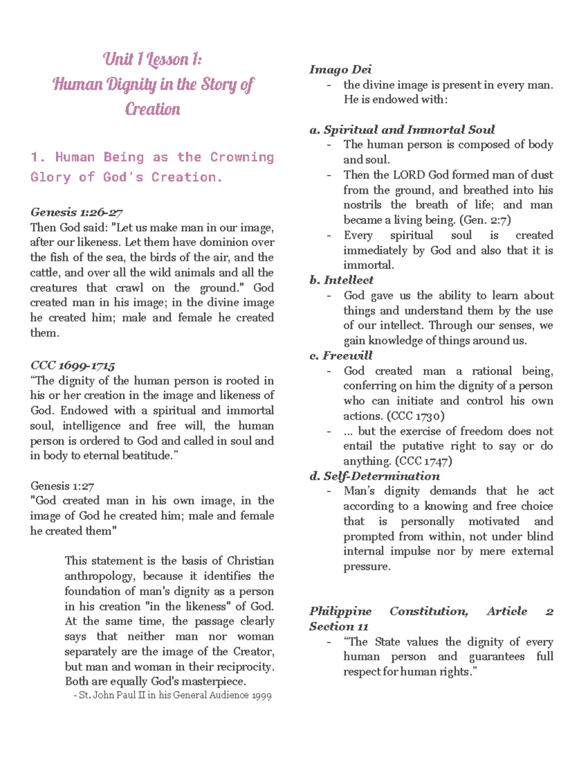 Theology 3 - Unit 1 Lesson 1: Human Dignity in the Story of Creation 1 ...
