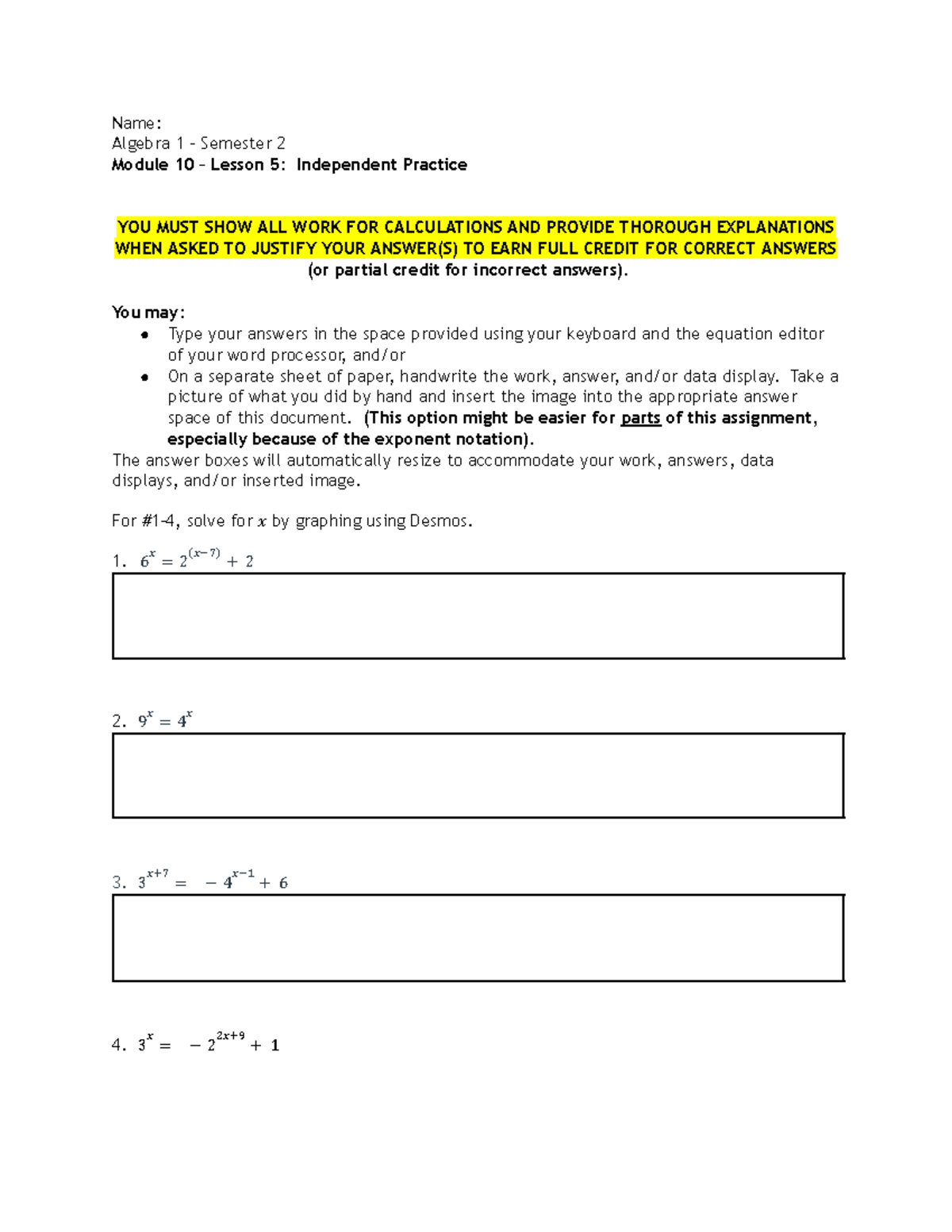 Copy of M10L5 Independent Practice Assignment - Name: Algebra 1 ...