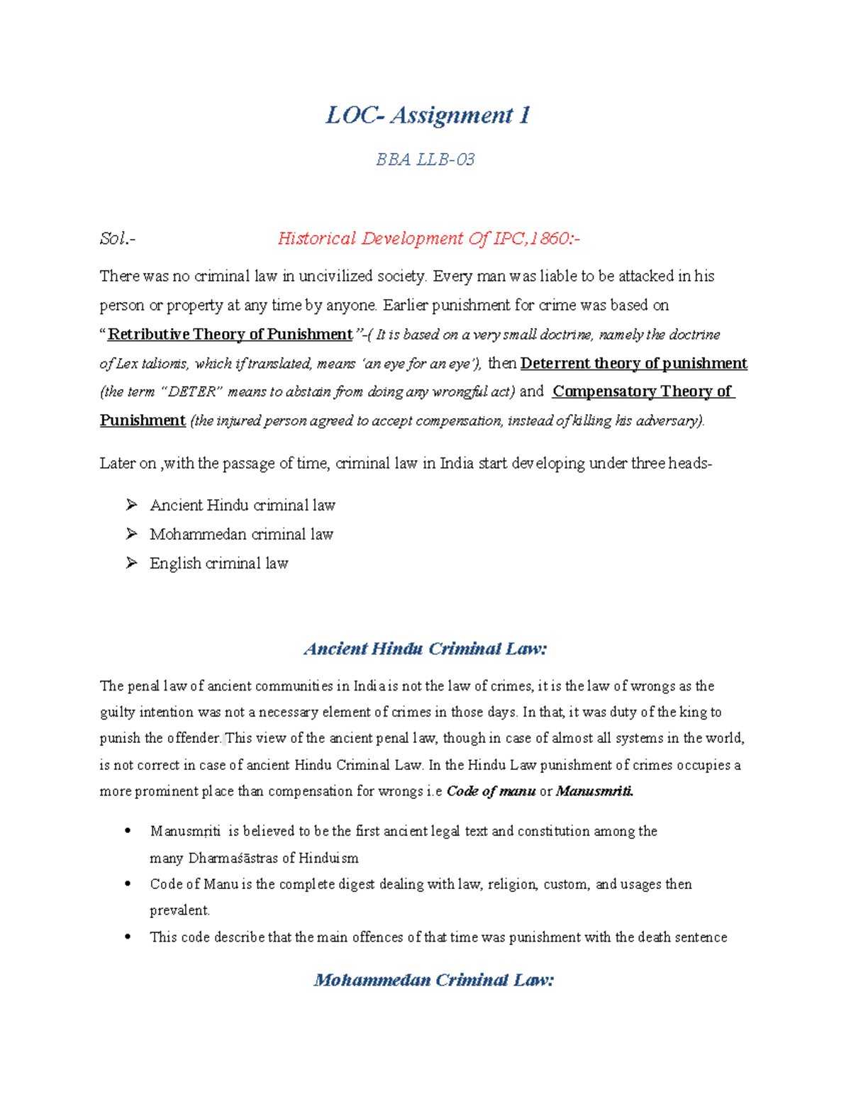 Assignment loc 1 - LOC- Assignment 1 BBA LLB- Sol.- Historical ...