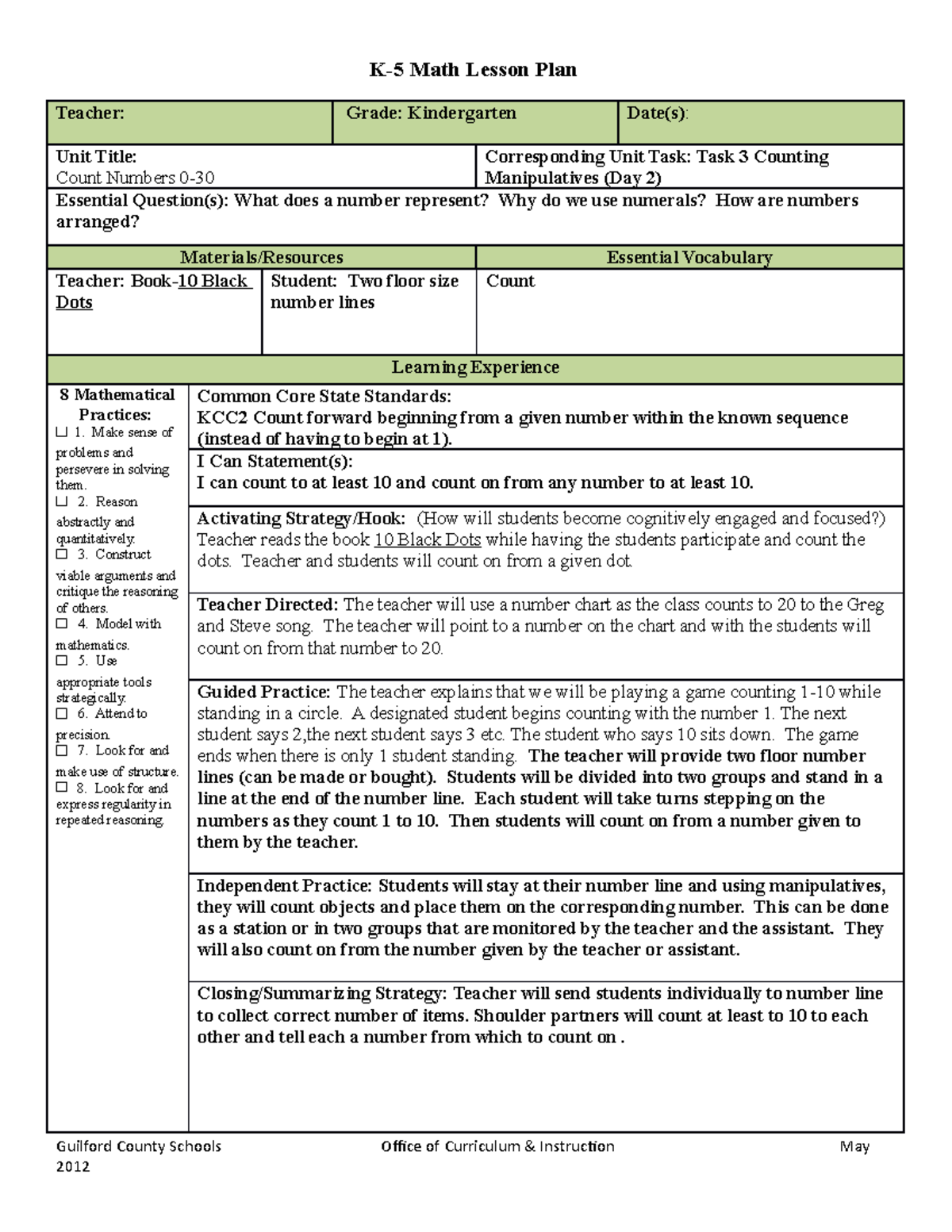 Unit 1 Task 2b - Unit 1 Task 2b - K-5 Math Lesson Plan Teacher: Grade ...