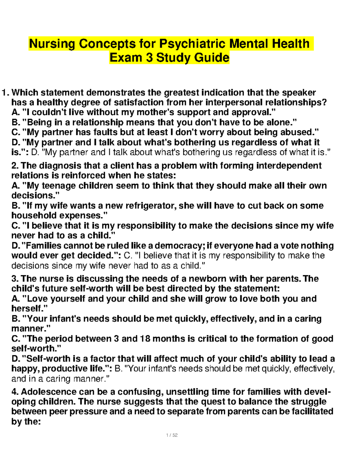 Nursing Concepts for Psychiatric Mental Health Exam 3 Study Guide - "I ...