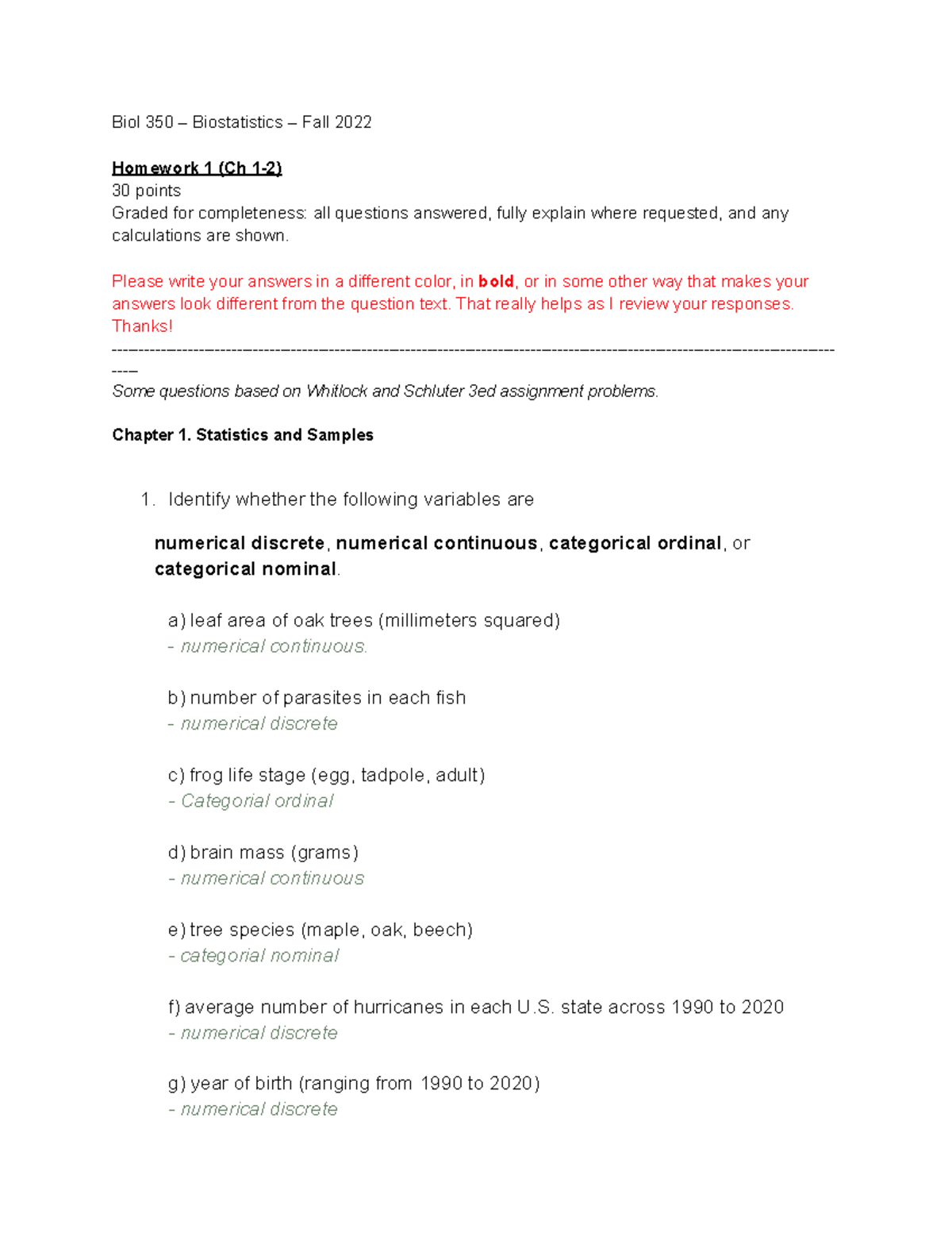 BIO 350 HW 1 - Homework 1 - Biol 350 – Biostatistics – Fall 2022 Homework 1 (Ch 1-2) 30 points ...
