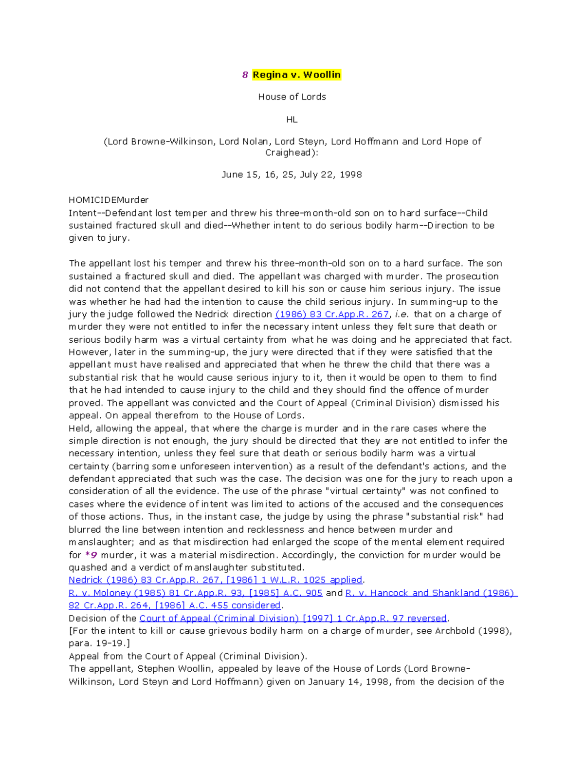 Bundle - 8 Regina v. Woollin House of Lords HL (Lord Browne-Wilkinson ...