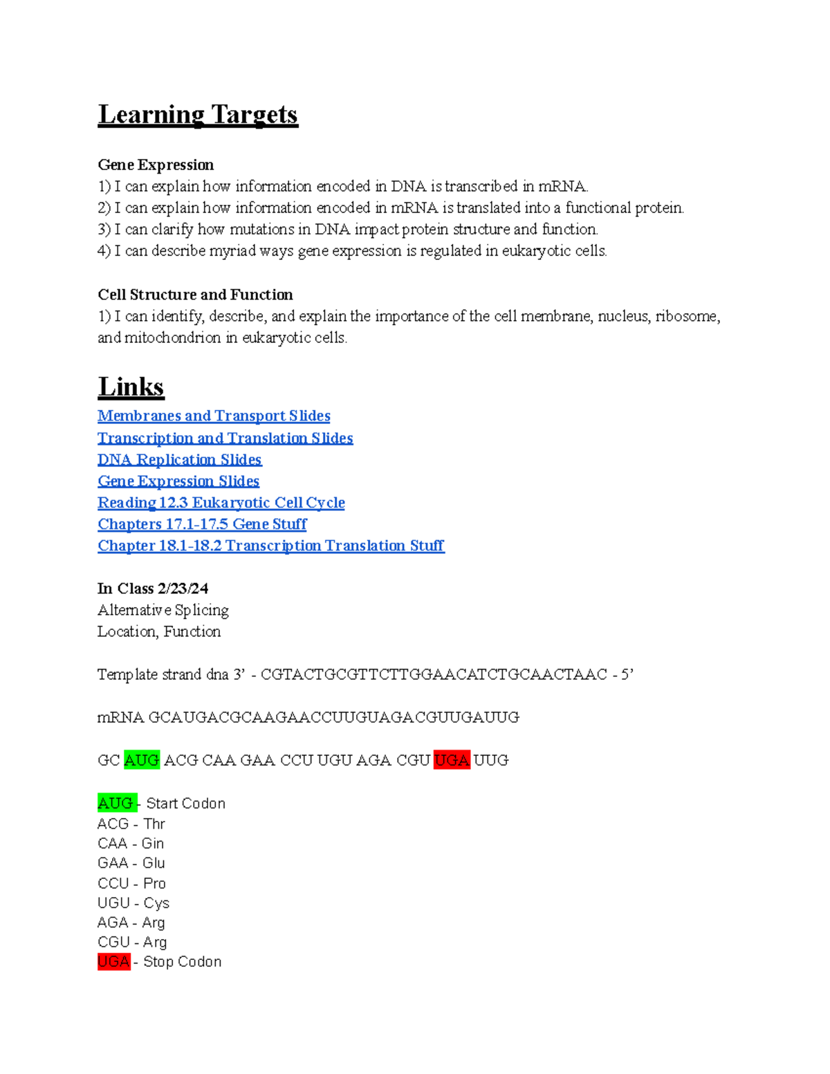 Study guide final - Learning Targets Gene Expression 1) I can explain ...