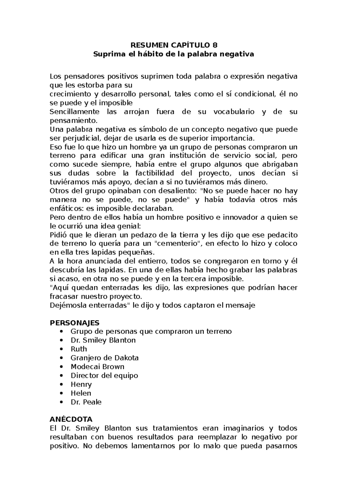 Resumen CAP. 8 Pensadores Positivos - RESUMEN CAPÍTULO 8 Suprima el ...