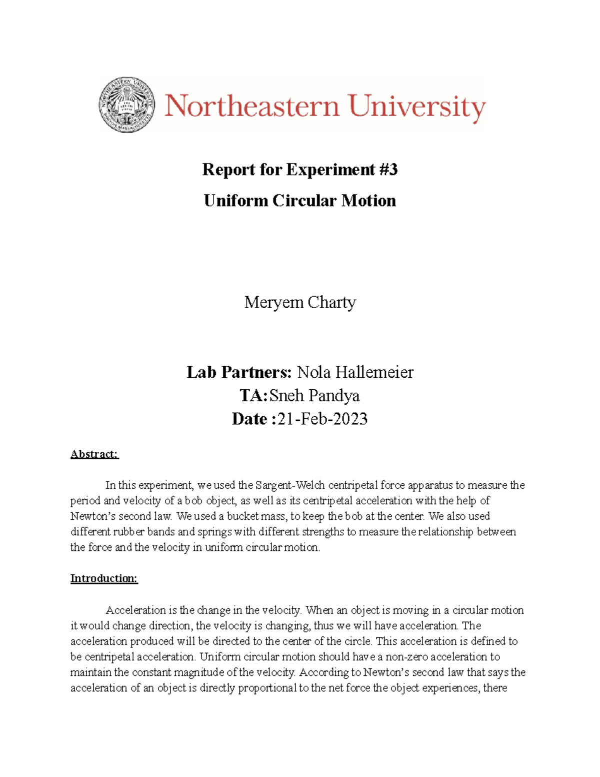 Lab report 3 - Report for Experiment Uniform Circular Motion Meryem ...