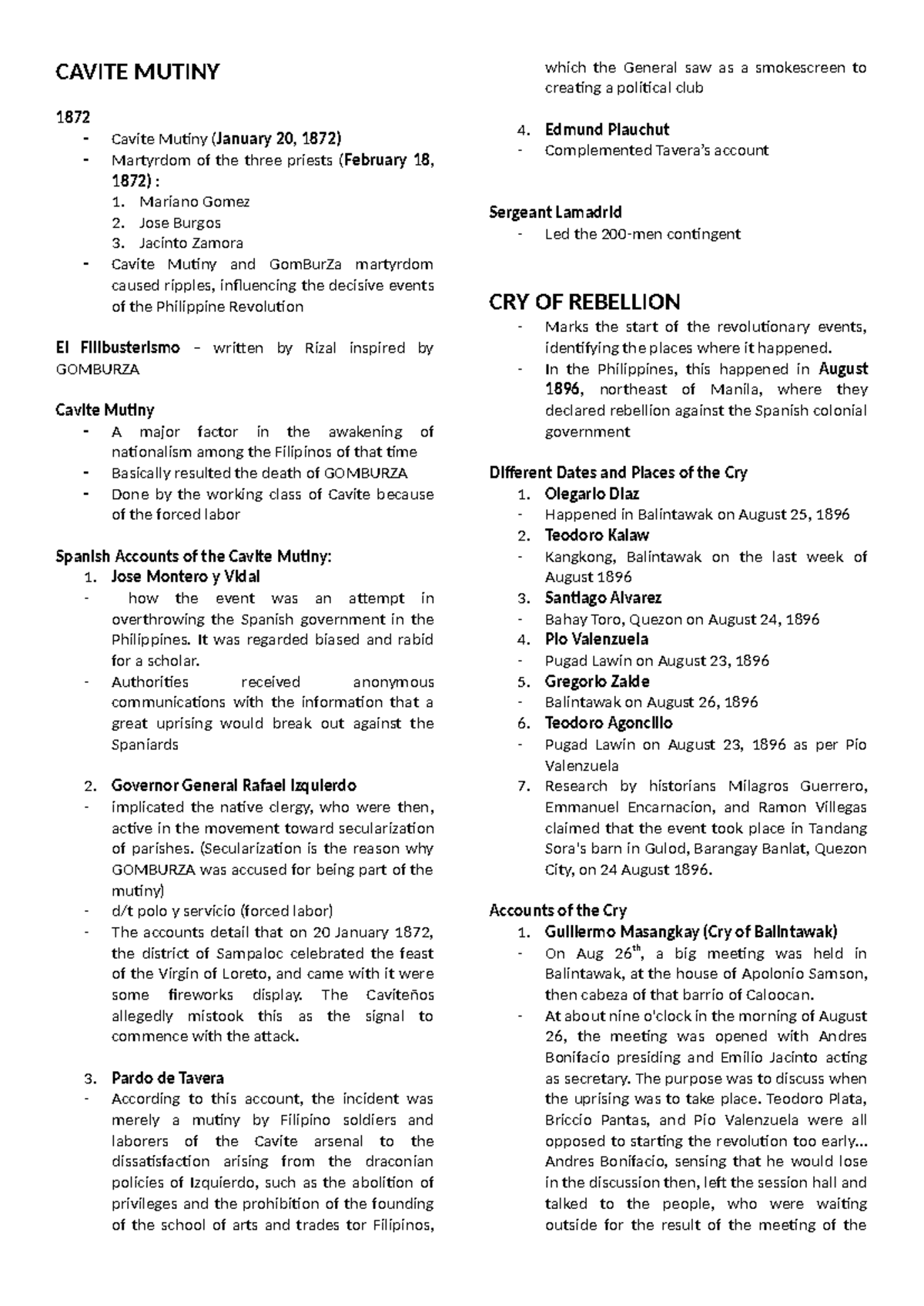 RPH Notes - CAVITE MUTINY 1872 Cavite Mutiny (January 20, 1872 ...