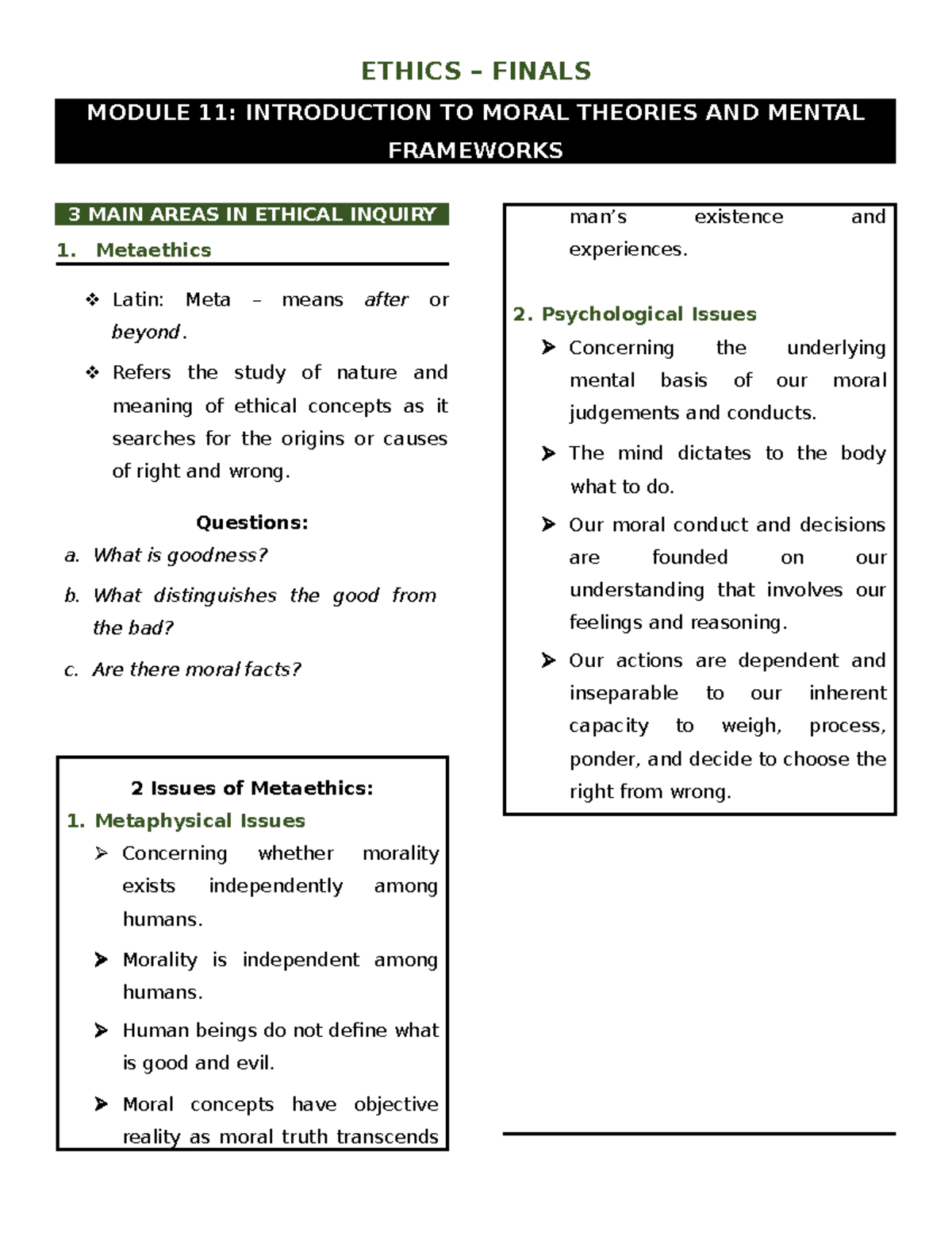 Ethics finals - ETHICS – FINALS MODULE 11: INTRODUCTION TO MORAL THEORIES AND MENTAL FRAMEWORKS ...
