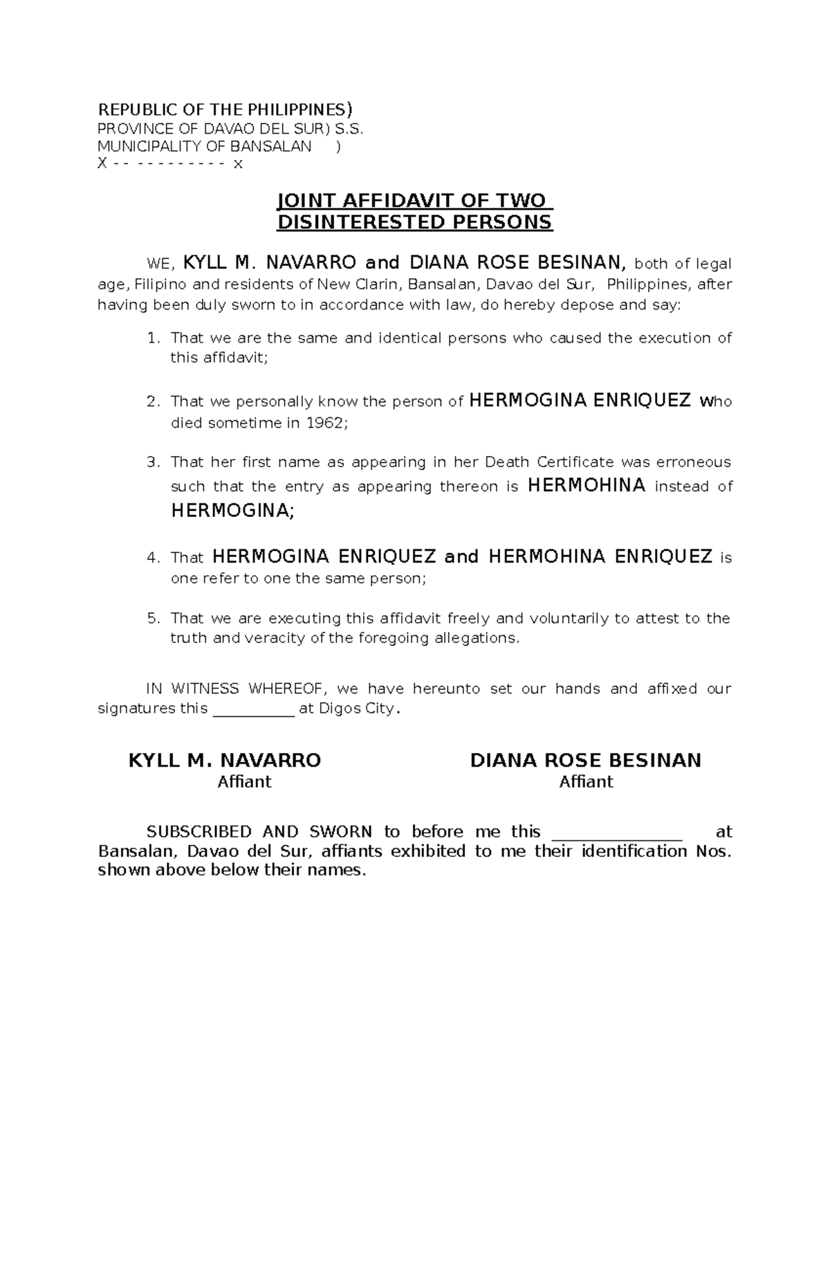 Joint Affidavit Crescencia) - REPUBLIC OF THE PHILIPPINES) PROVINCE OF ...