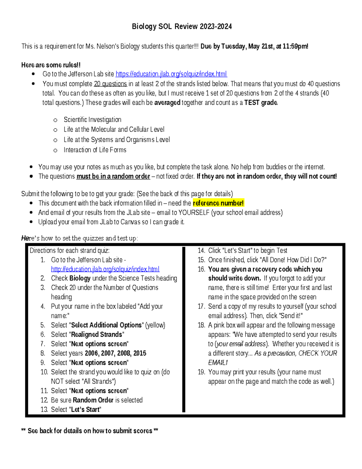 BIO JLAB SOL Activity 22-23 - Biology SOL Review 2023- This is a ...