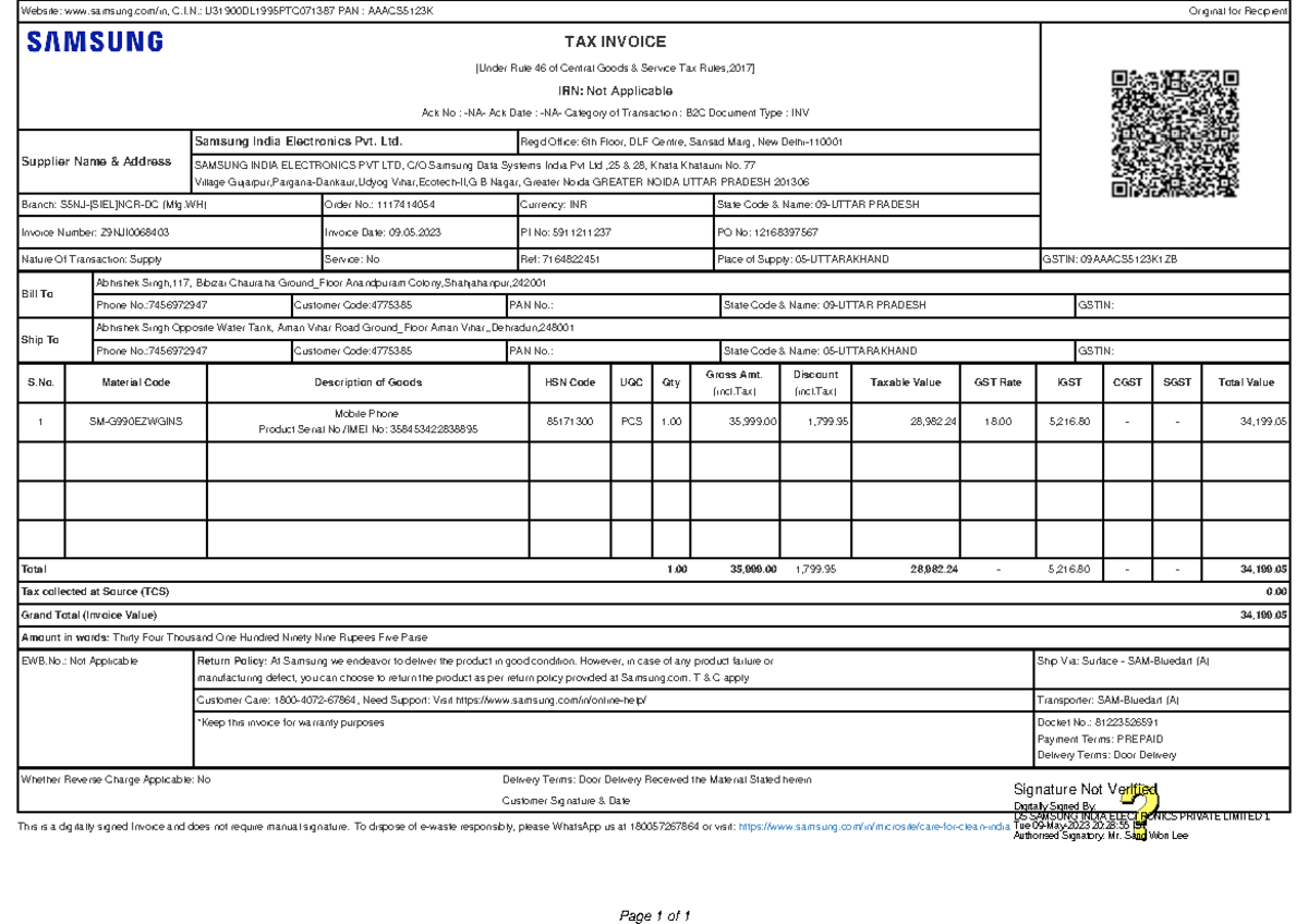 Samsung Invoice 12168397567-7164822451-Z9NJI0068403 - TAX INVOICE ...