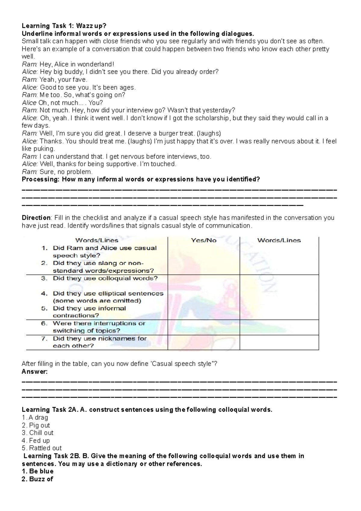 Learning Task 1 - Practice task in English - Learning Task 1: Wazz up ...