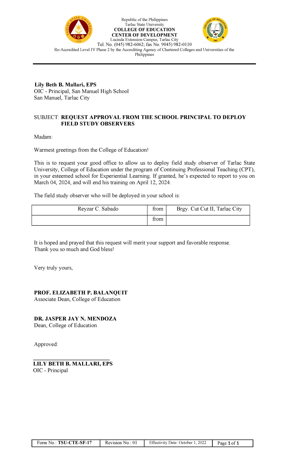 SF 17 - Republic of the Philippines Tarlac State University COLLEGE OF EDUCATION CENTER OF - Studocu