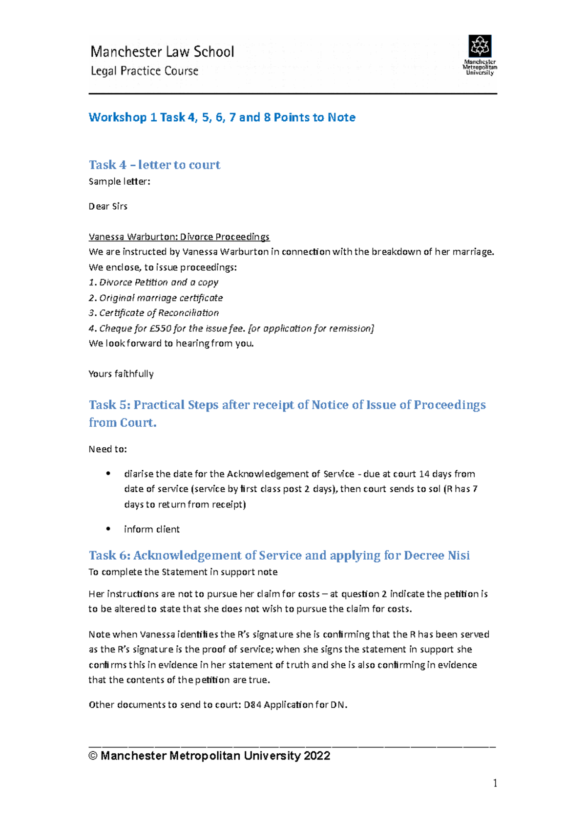 Divorce, Service, Proceedings - Workshop 1 Task 4, 5, 6, 7 and 8 Points to Note Task 4 – letter ...