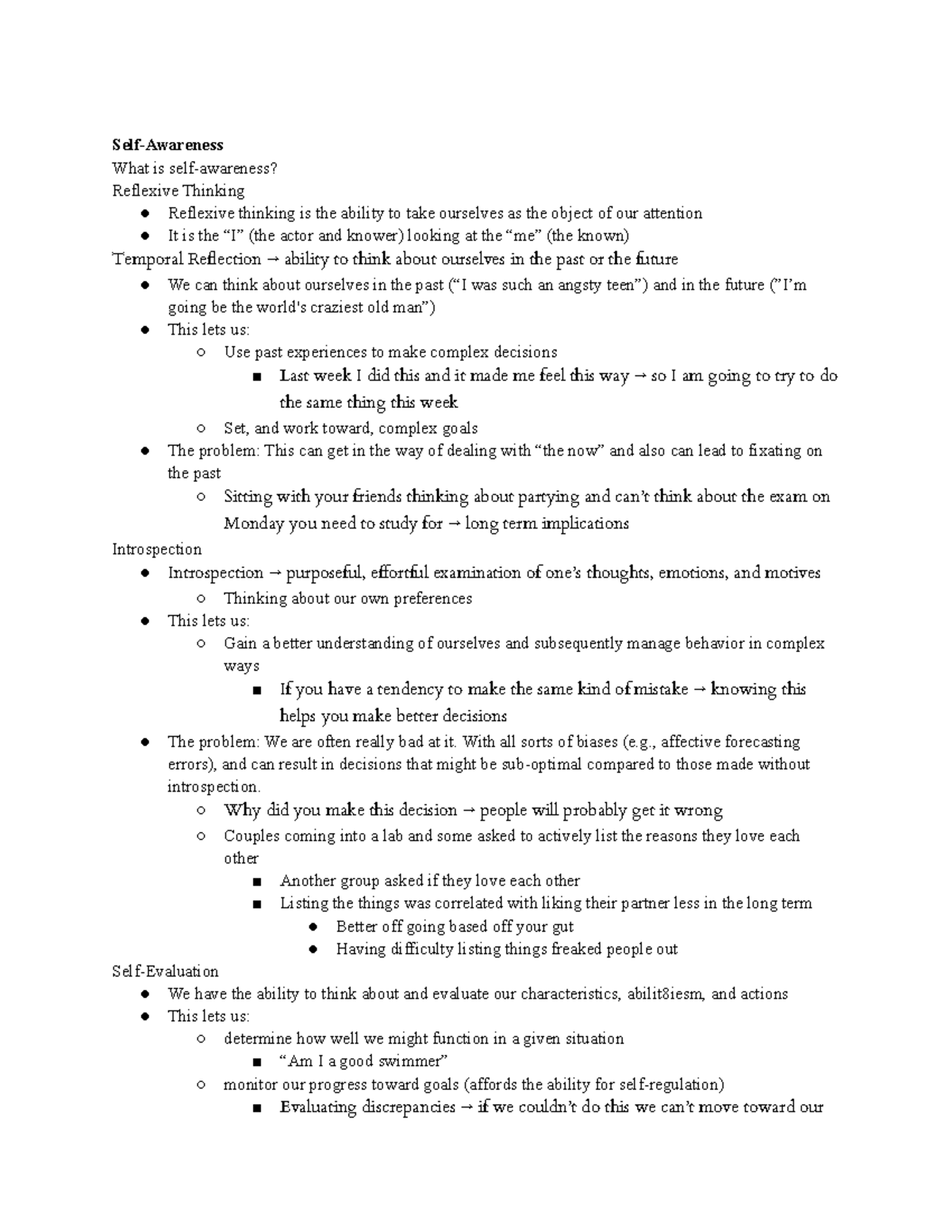 Self-Awareness - Class notes on self-awareness - Self-Awareness What is ...