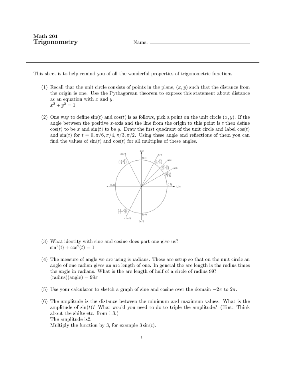Math trigonometry practice worksheet unit circle - Math 3Mb3 - StuDocu