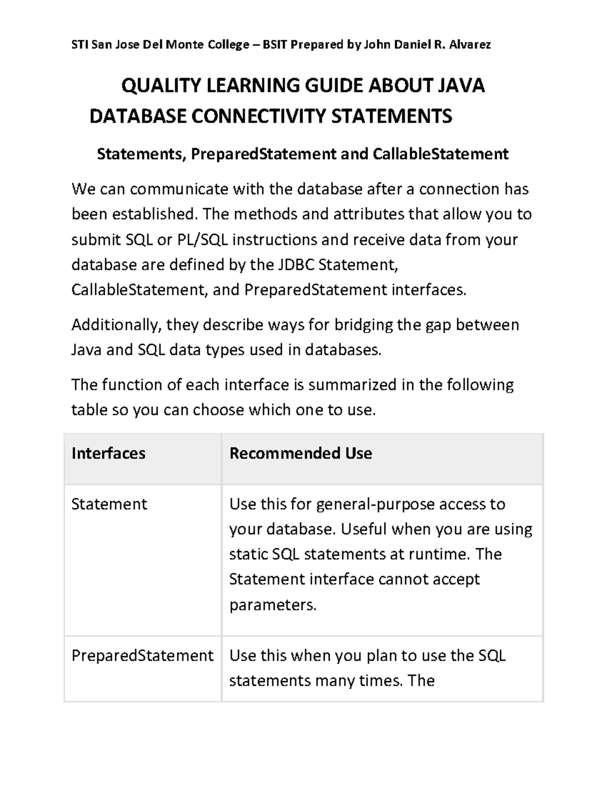 Quality Learning Guide About Java Database Connectivity Statements - QUALITY LEARNING GUIDE ...