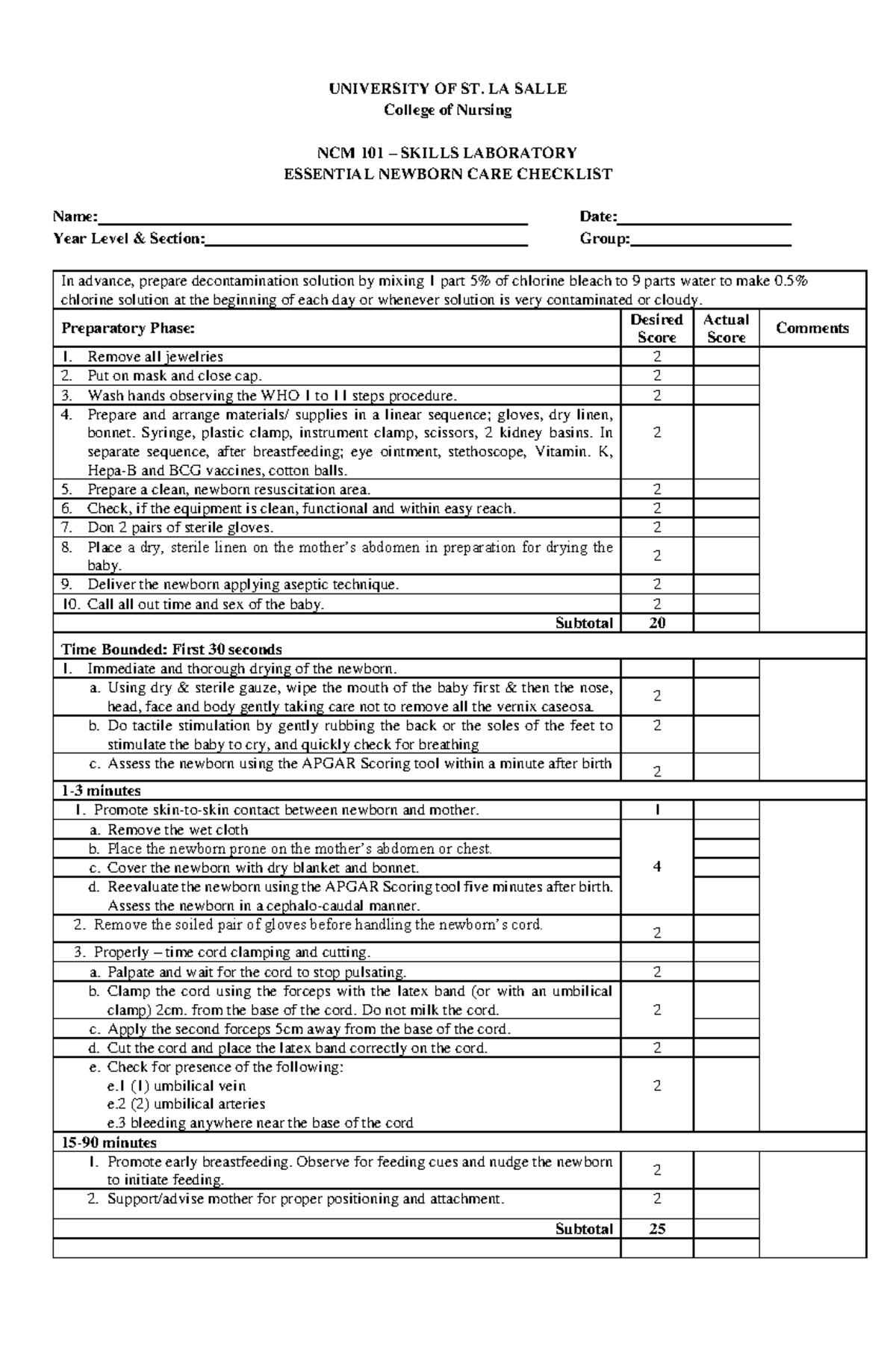Essential NB Care Checklist 2020 - UNIVERSITY OF ST. LA SALLE College ...