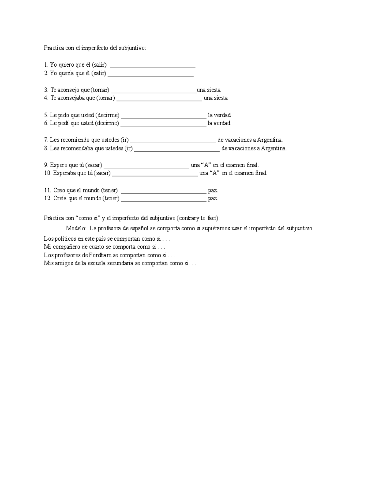 Imperfecto Subjuntivo - Practica con el imperfecto del subjuntivo: Yo ...