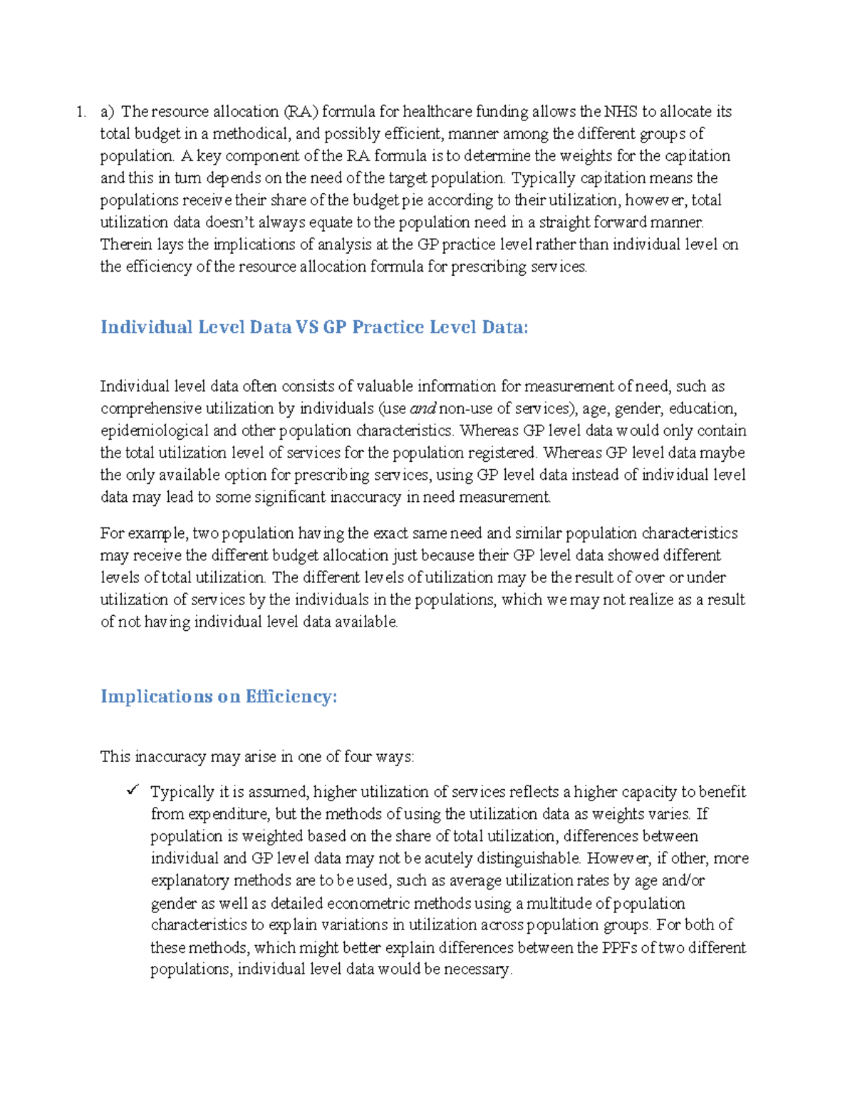 Assignment - 1. a) The resource allocation (RA) formula for healthcare ...