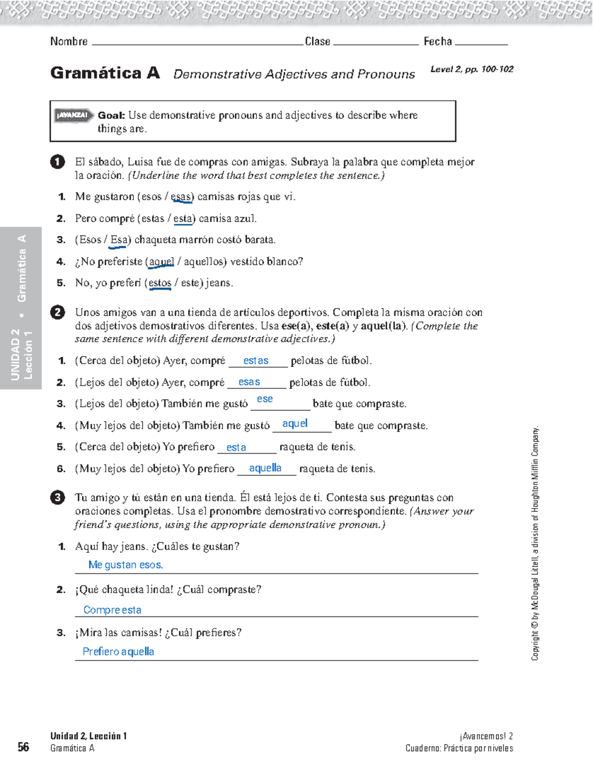 Jakob Aguilera - Sp. 2 U2L1 WB pgs. 56-58 Grammar Demonstrative ...