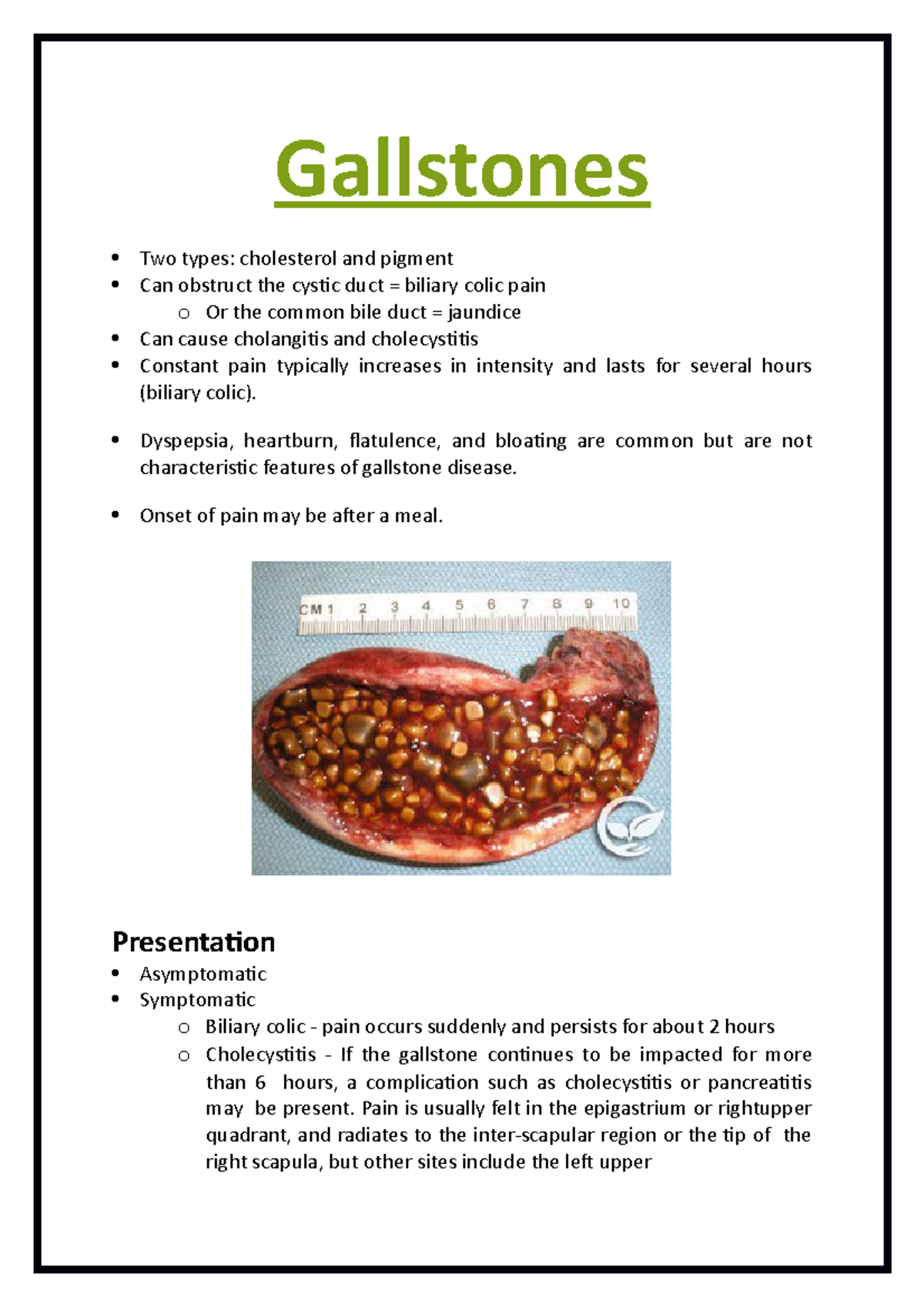 Gallstones - Upper GI - Gallstones Two types: cholesterol and pigment ...