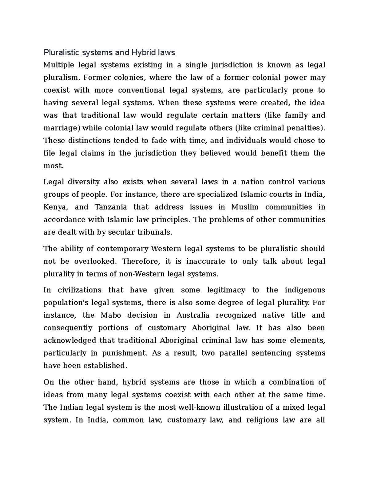 Pluralistic systems and Hybrid laws - Pluralistic systems and Hybrid ...