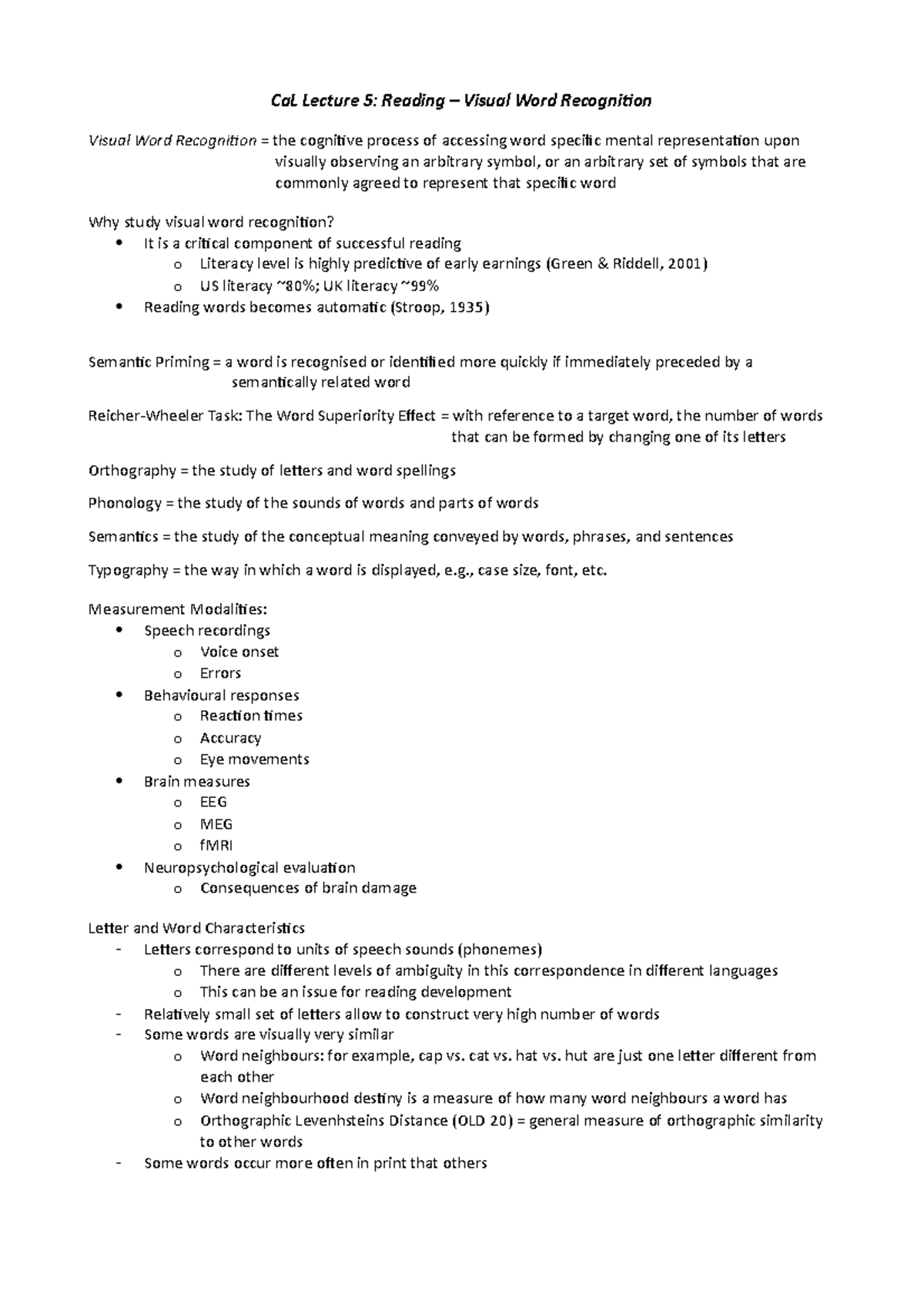 Reading Visual Word Recognition Cal Lecture 5 Reading Visual Word