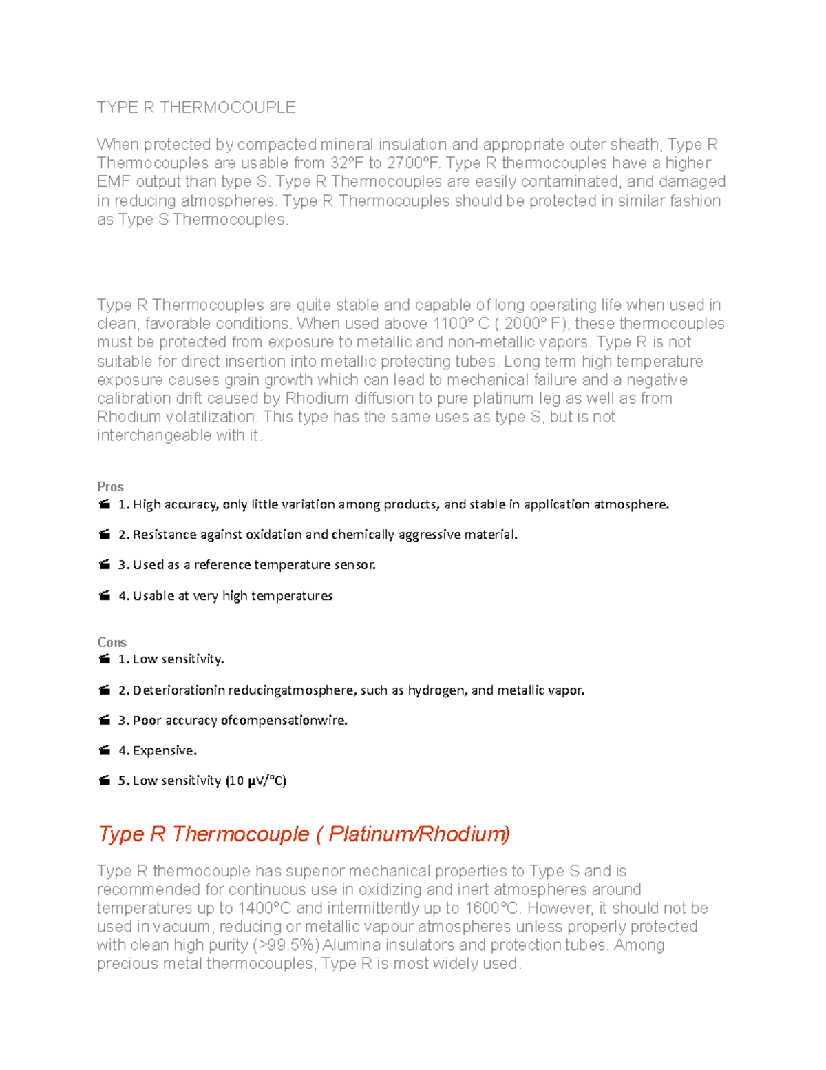Rtype Thomson - school notes - TYPE R THERMOCOUPLE When protected by ...