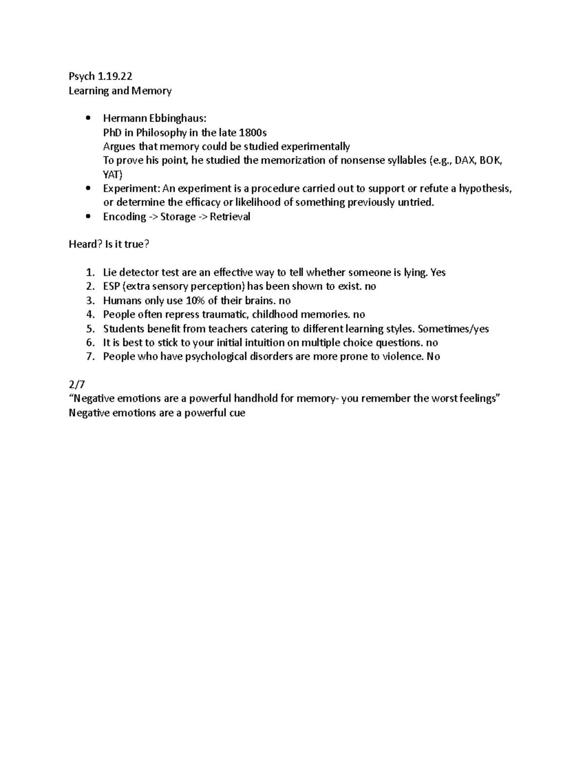 Psych notes day 1 - practice study guide - Psych 1. Learning and Memory ...