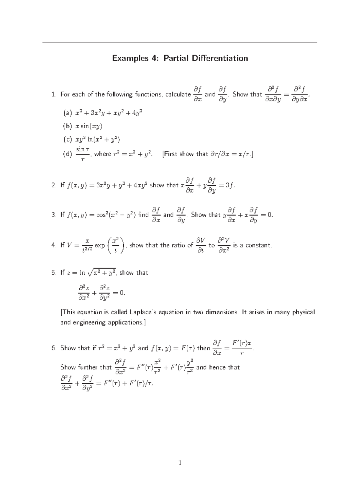 Semester 1 Tutorial 5 - Examples 4: Partial Differentiation For each of ...
