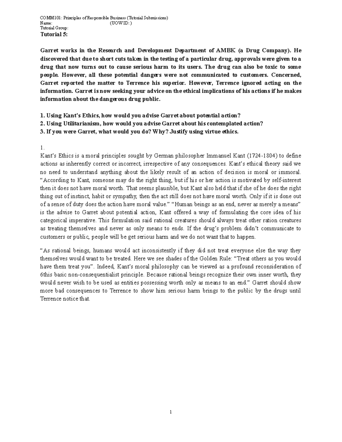 COMM101 Tutorial 5 - COMM101: Principles of Responsible Business ...